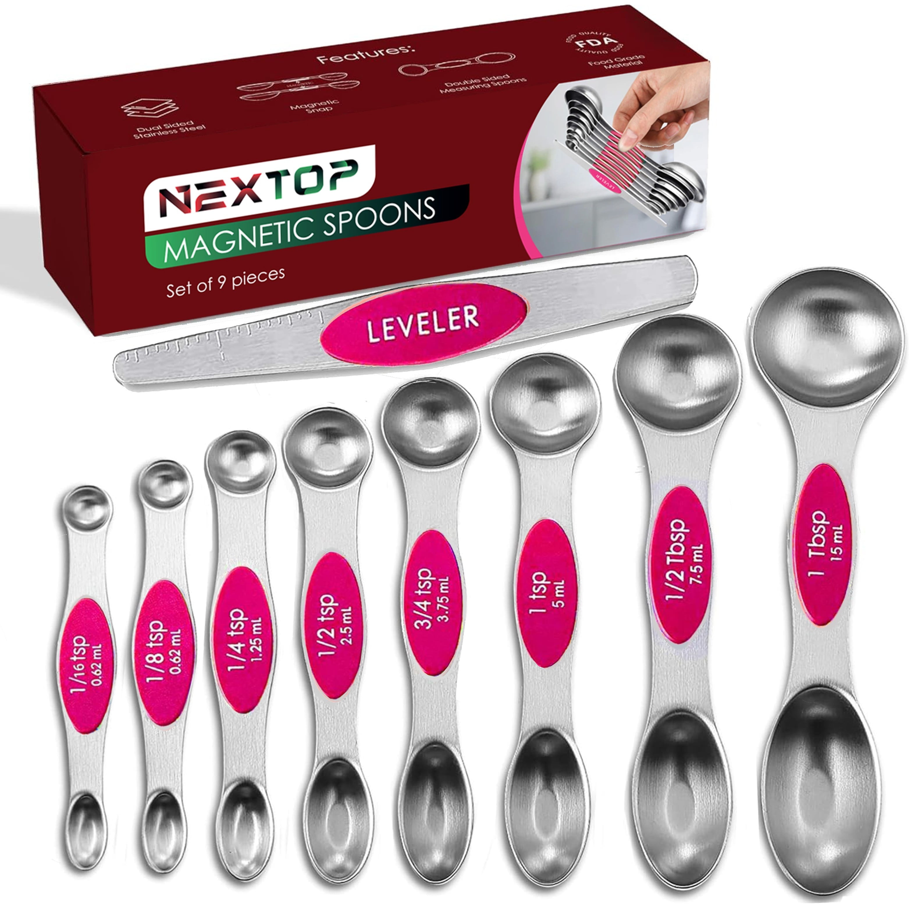 NEXTOP Magnetic Stainless Steel Measuring Spoons Set of 9 Dual Sided Stackable with Leveler ...