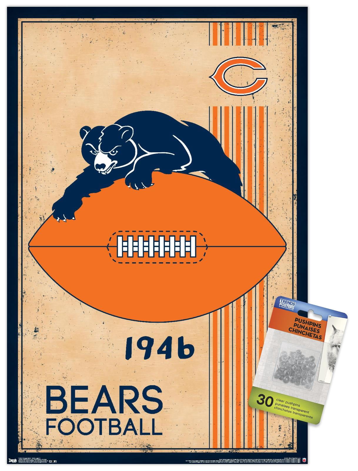 NFL Chicago Bears - Retro Logo 14 Wall Poster with Push Pins, 14.725" x ...