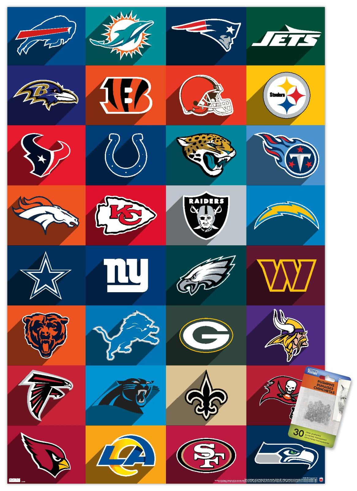 NFL League - Logos 24 Wall Poster with Push Pins, 22.375" x 34 ...