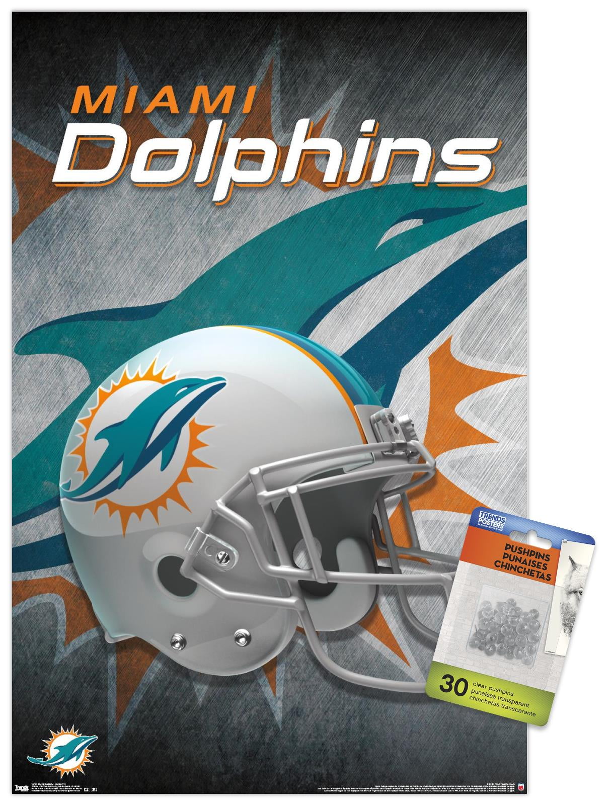 NFL Miami Dolphins - Helmet 15 Wall Poster with Push Pins, 14.725" x 22 ...