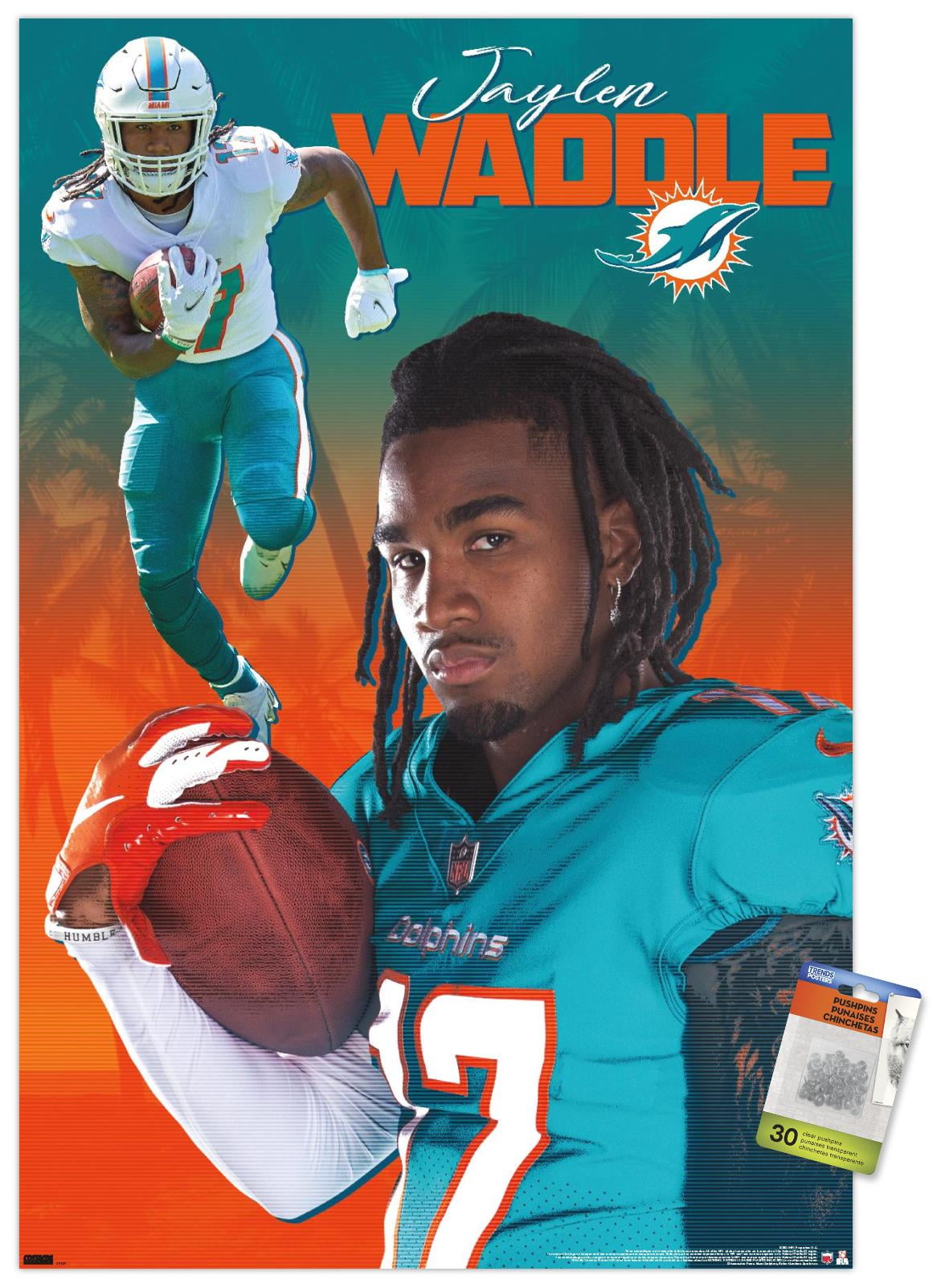 NFL Miami Dolphins - Jaylen Waddle 21 Wall Poster with Push Pins, 22. ...