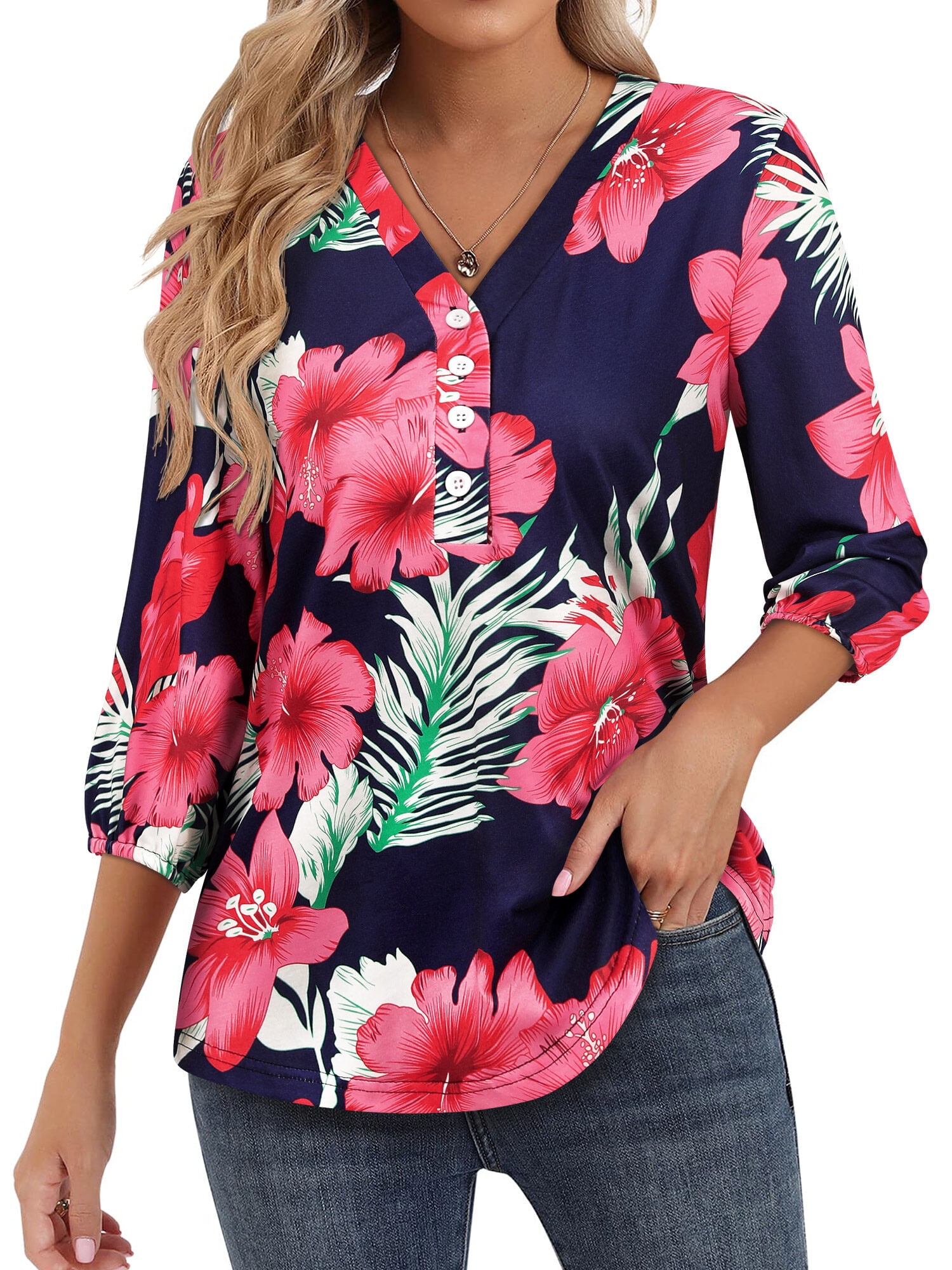 Nlife Women Floral Blouse for Women Hawaiian 3/4 Sleeve Top Tropical V-Neck Casual Shirt with ...