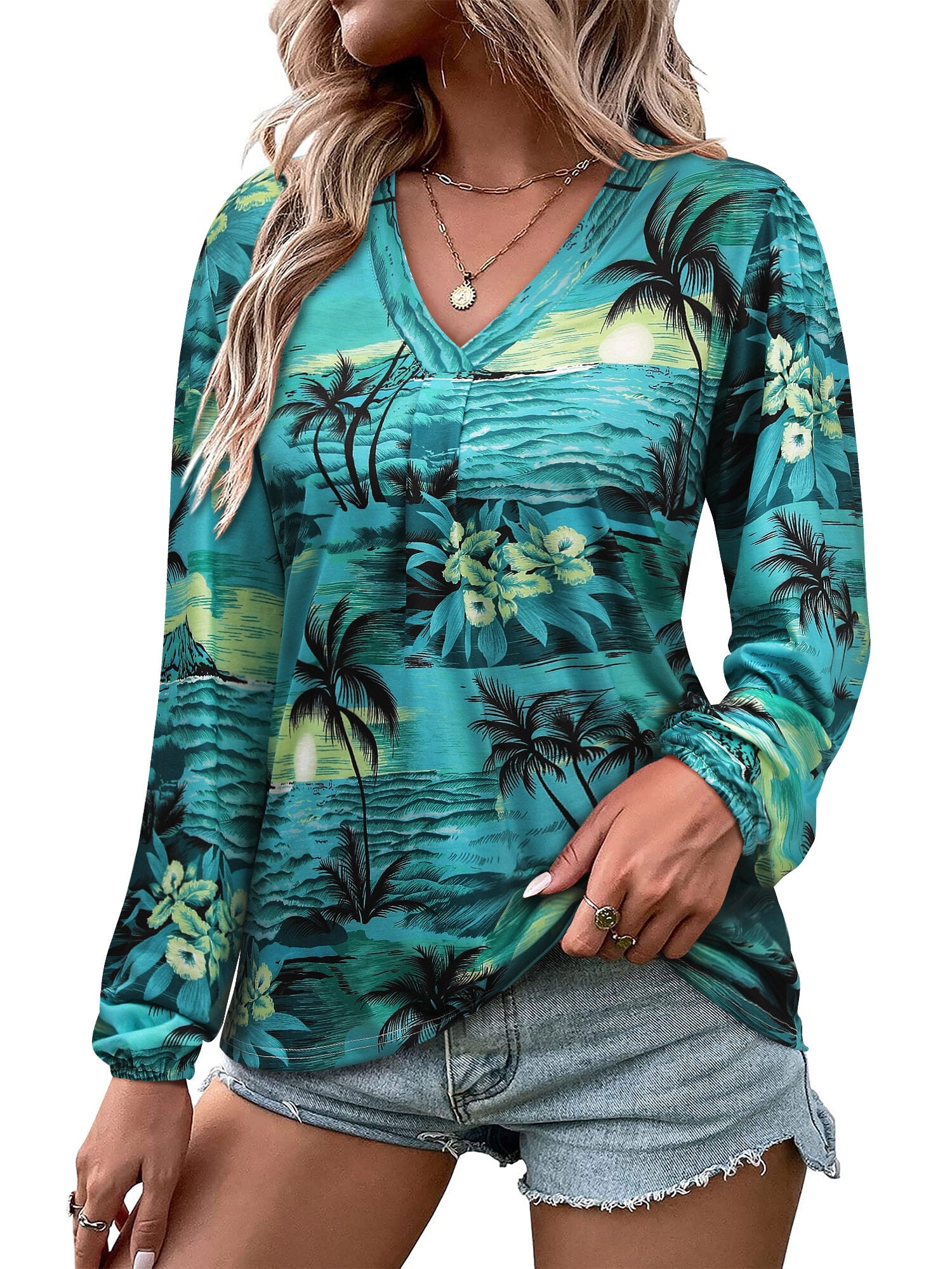 Nlife Women Hawaiian Shirt for Women V-Neck Long Sleeve Top Floral ...