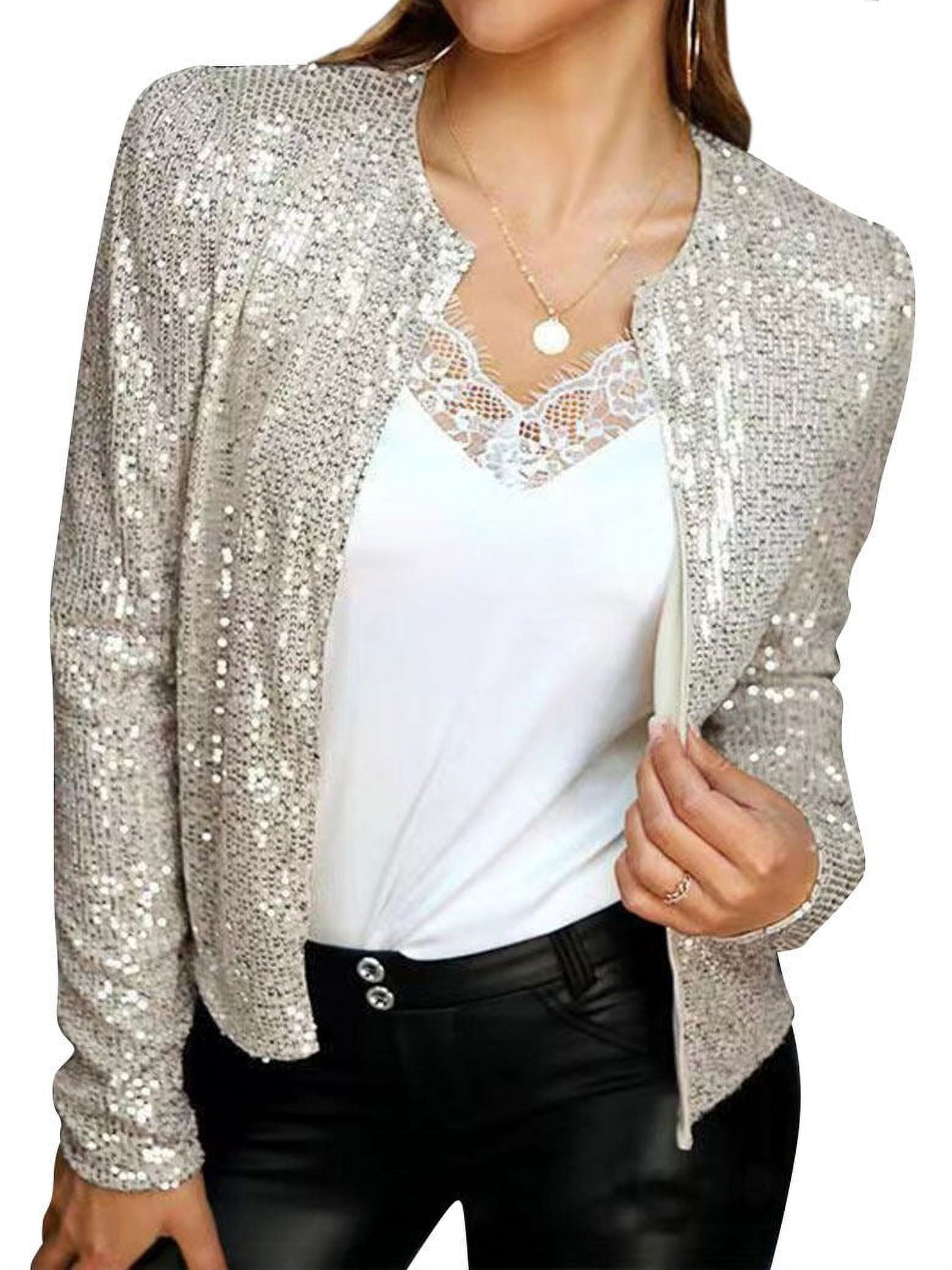 NFTOEIULA Women Sequin Open Front Long Sleeve Club Party Blazer ...