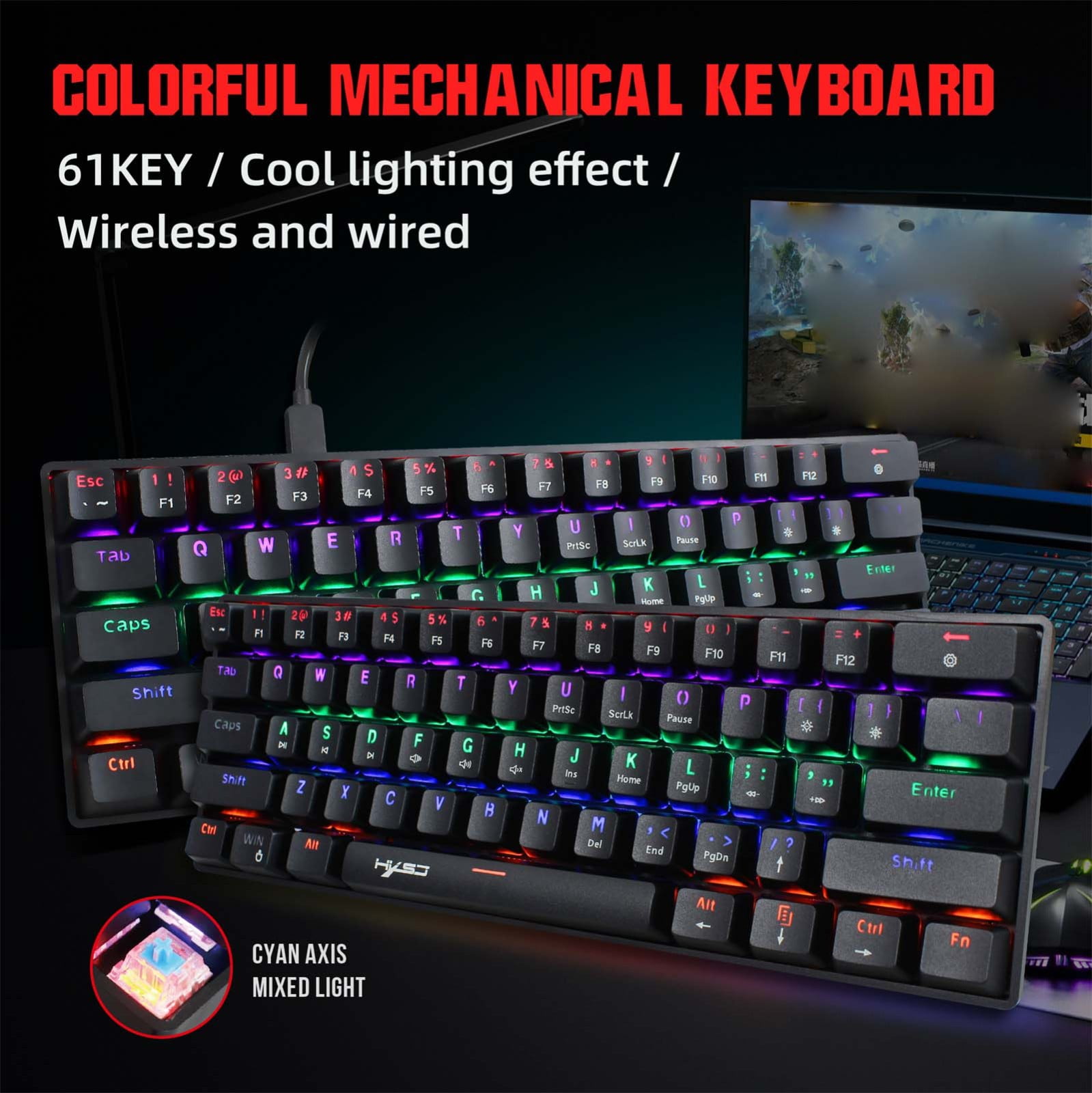 NGHnuifg V900 Mechanical Keyboard 61-key Mini Green Axis Multi-light ...