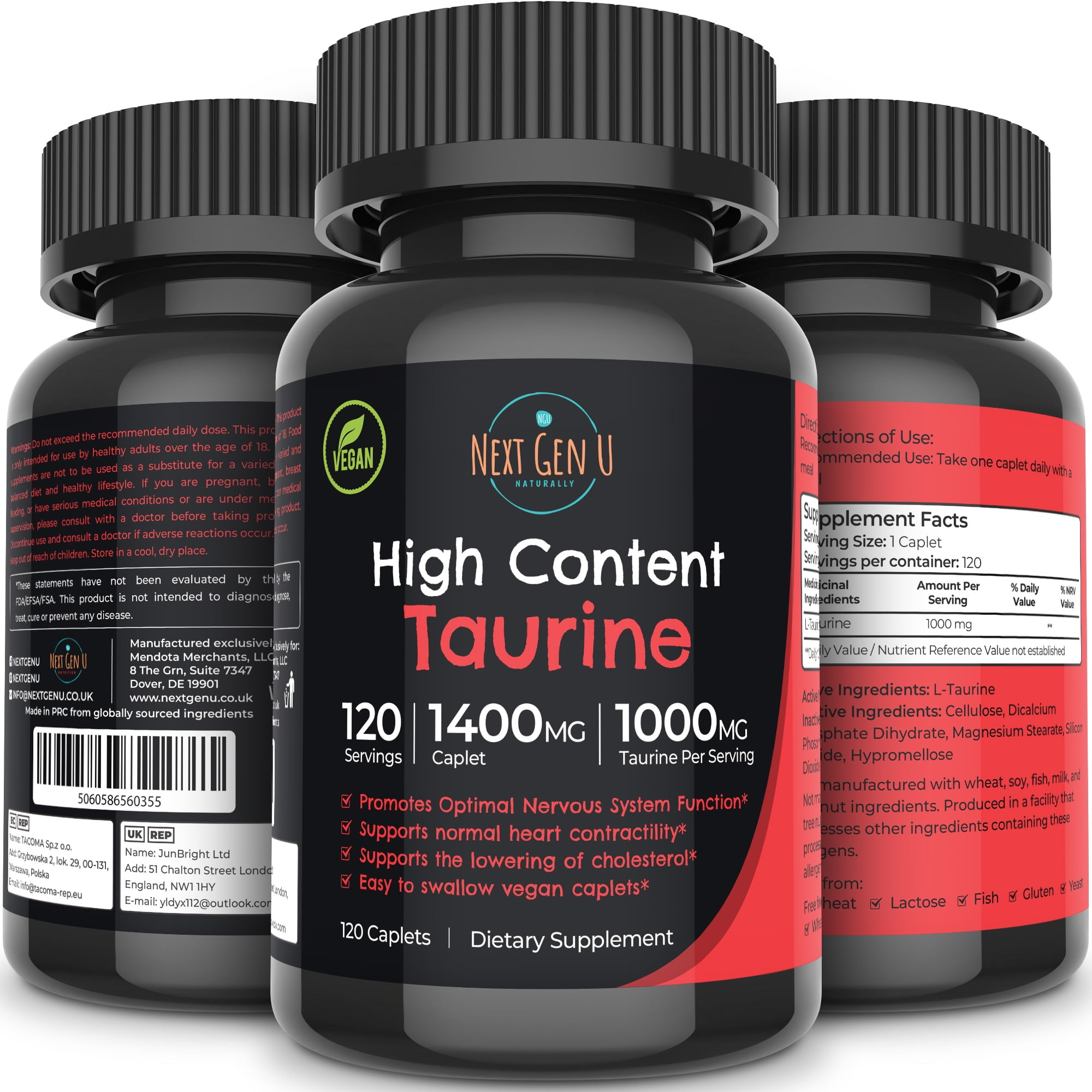 NGU L-Taurine 1000mg, Essential Amino Acid Supplement, Supports Brain ...