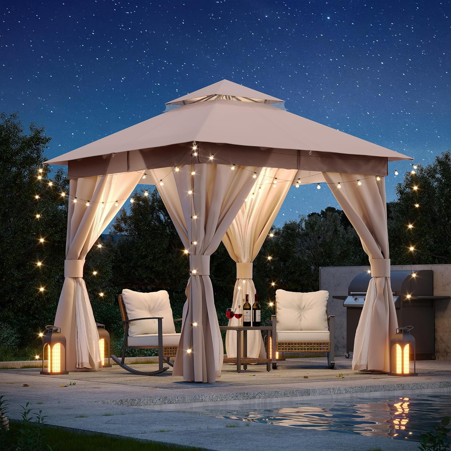 NIAIZEK 8x8ft Khaki Semi Permanent Outdoor Patio Gazebo with Expansion ...