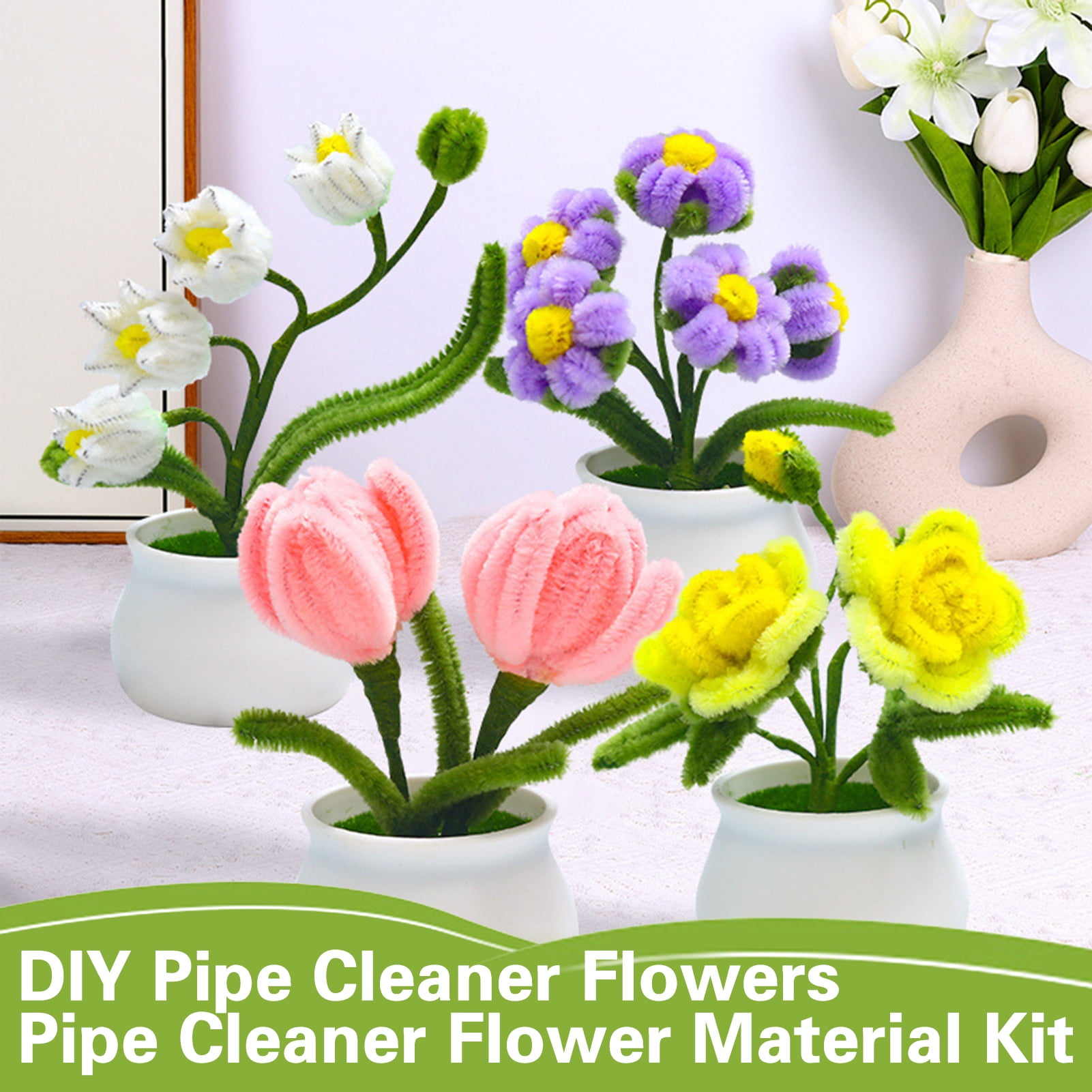 NIBOLOG 1 Set Pipe Cleaner Flower Material Kit - Handmade Chenille Stem ...