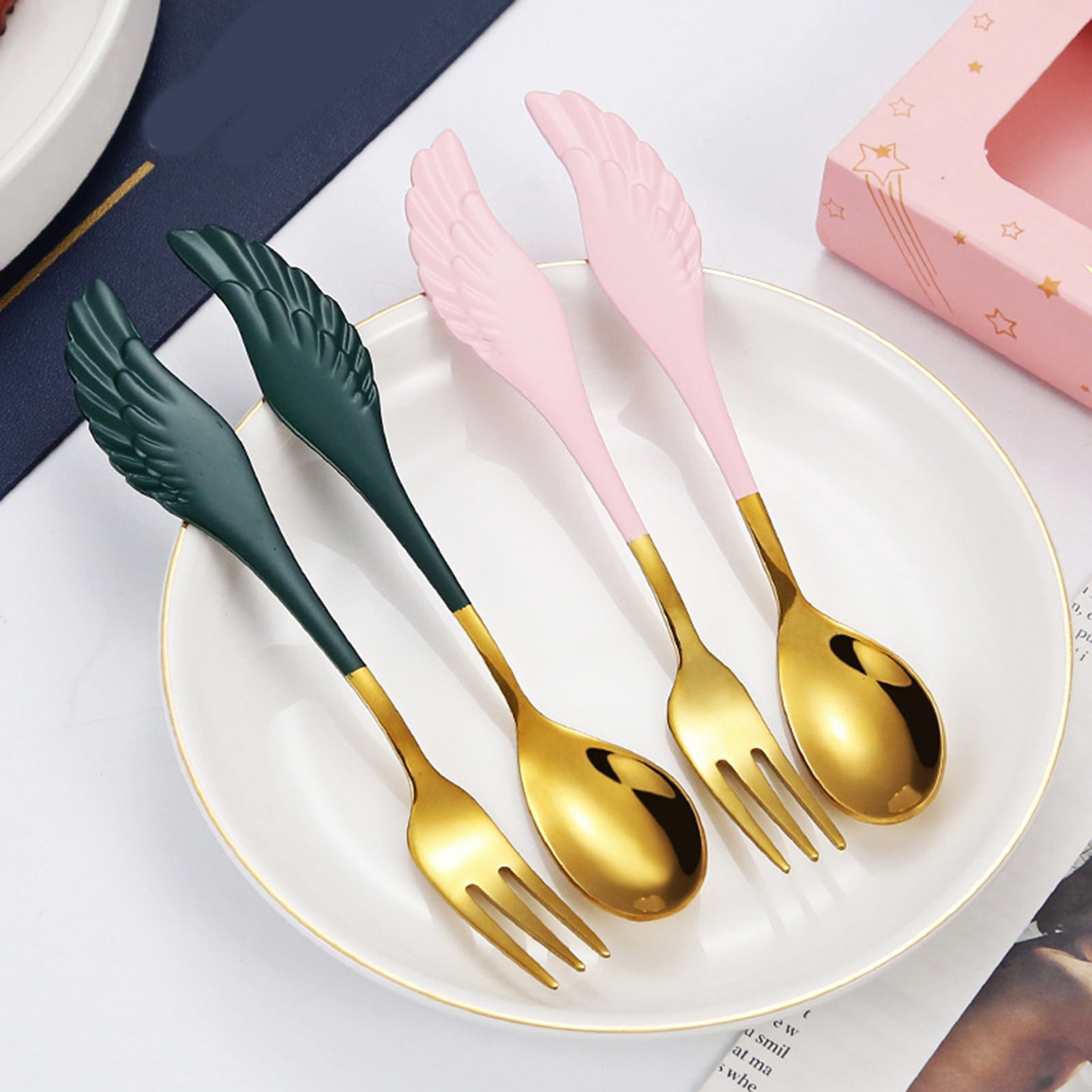 NIBOLOG 1 Set Wing Design Fork Spoon Set Mirror Polished 304 Stainless ...