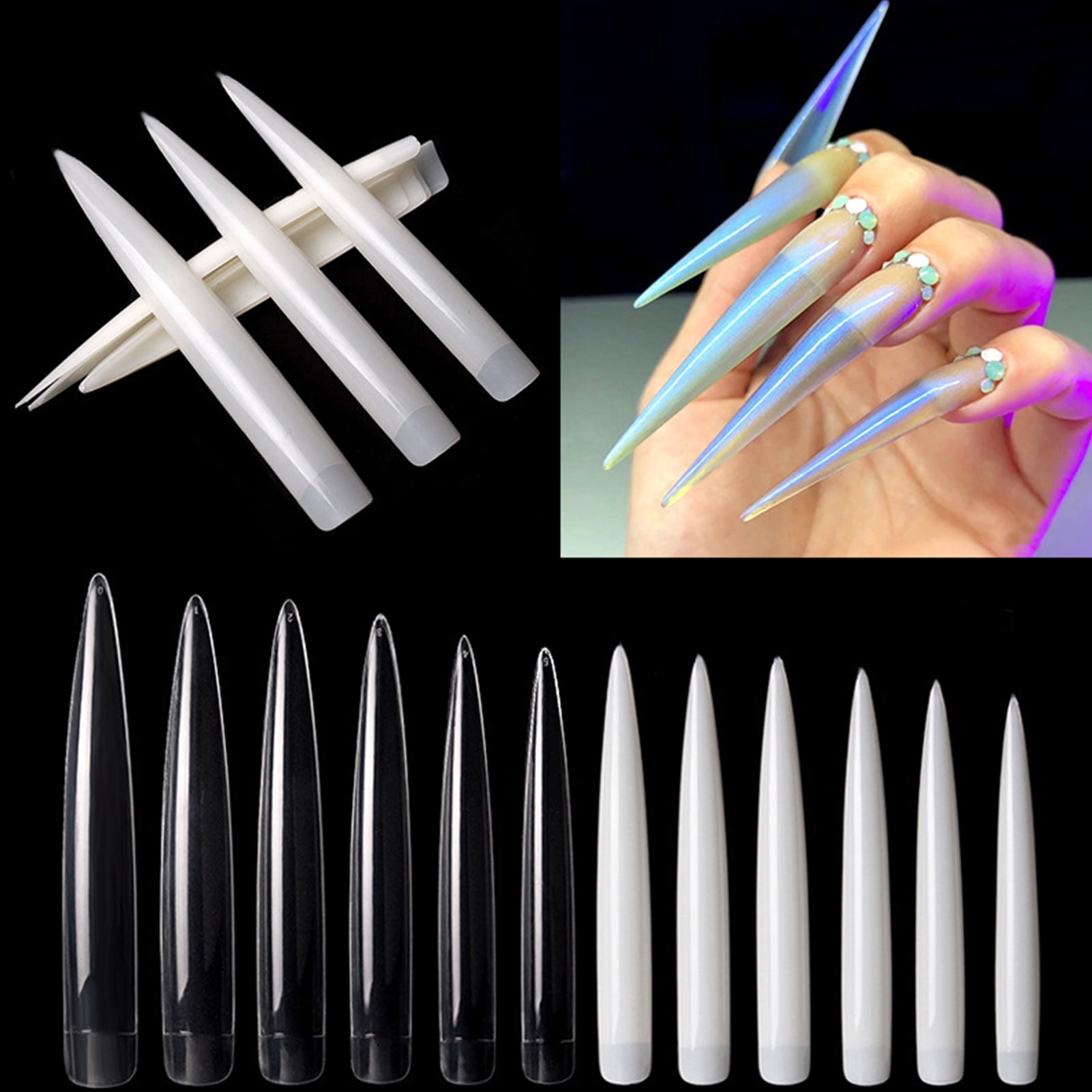 NIBOLOG 120Pcs/Bag Nail Tips Extra Long Stiletto Shape ABS Natural Thin ...