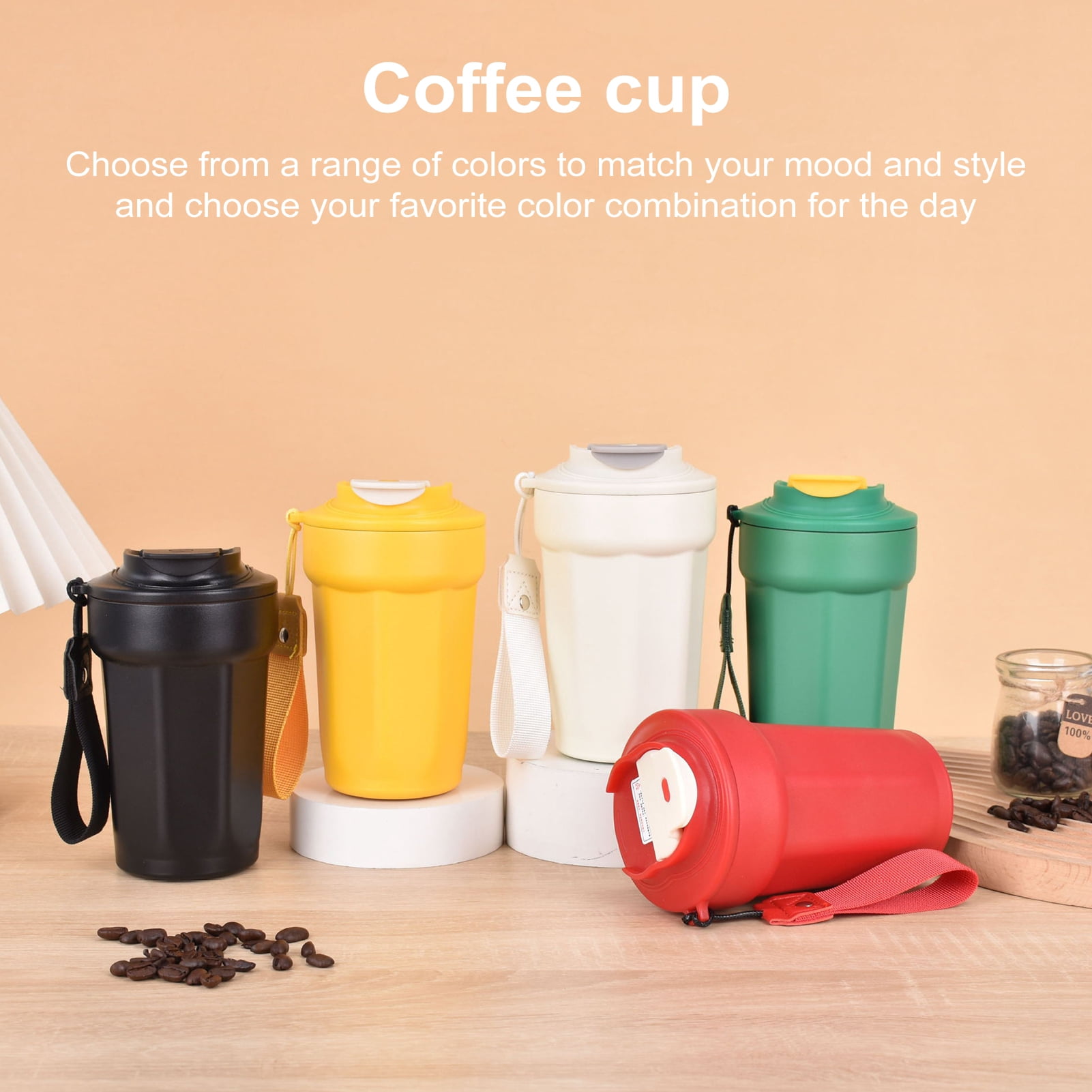 NIBOLOG 450ML Coffee Cup with Wrist Strap Leakproof Stainless Steel ...