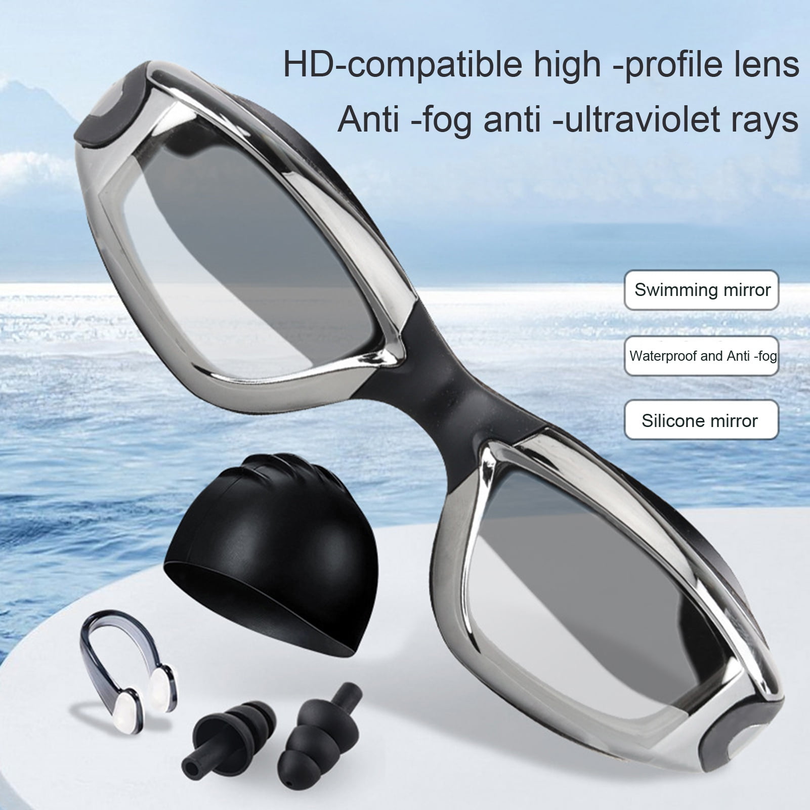 NIBOLOG Anti-Fog Wide View Swimming Goggles with Earplugs Nose Clip Set ...