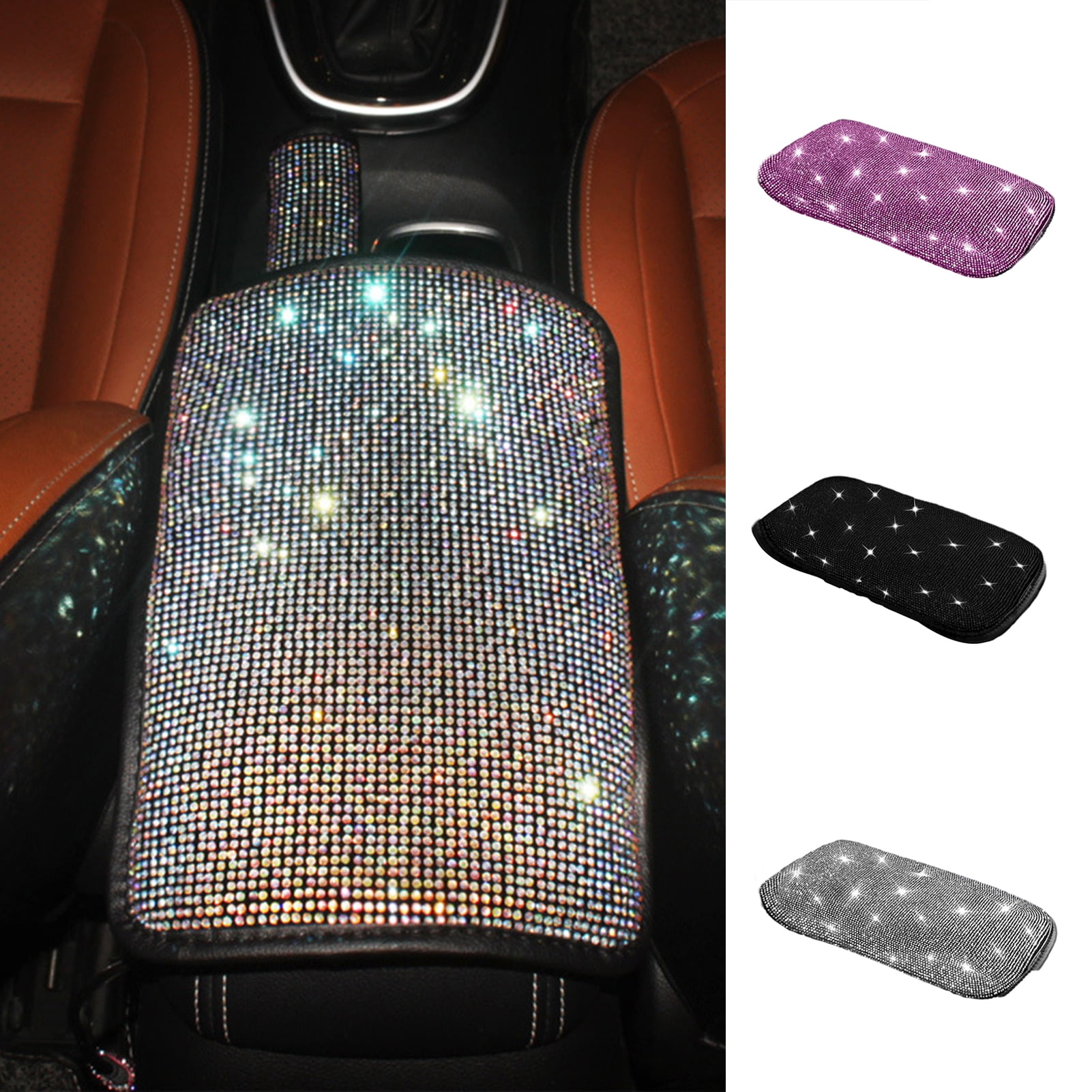 NIBOLOG Bling Rhinestone Car Armrest Cover - Universal Rectangle ...