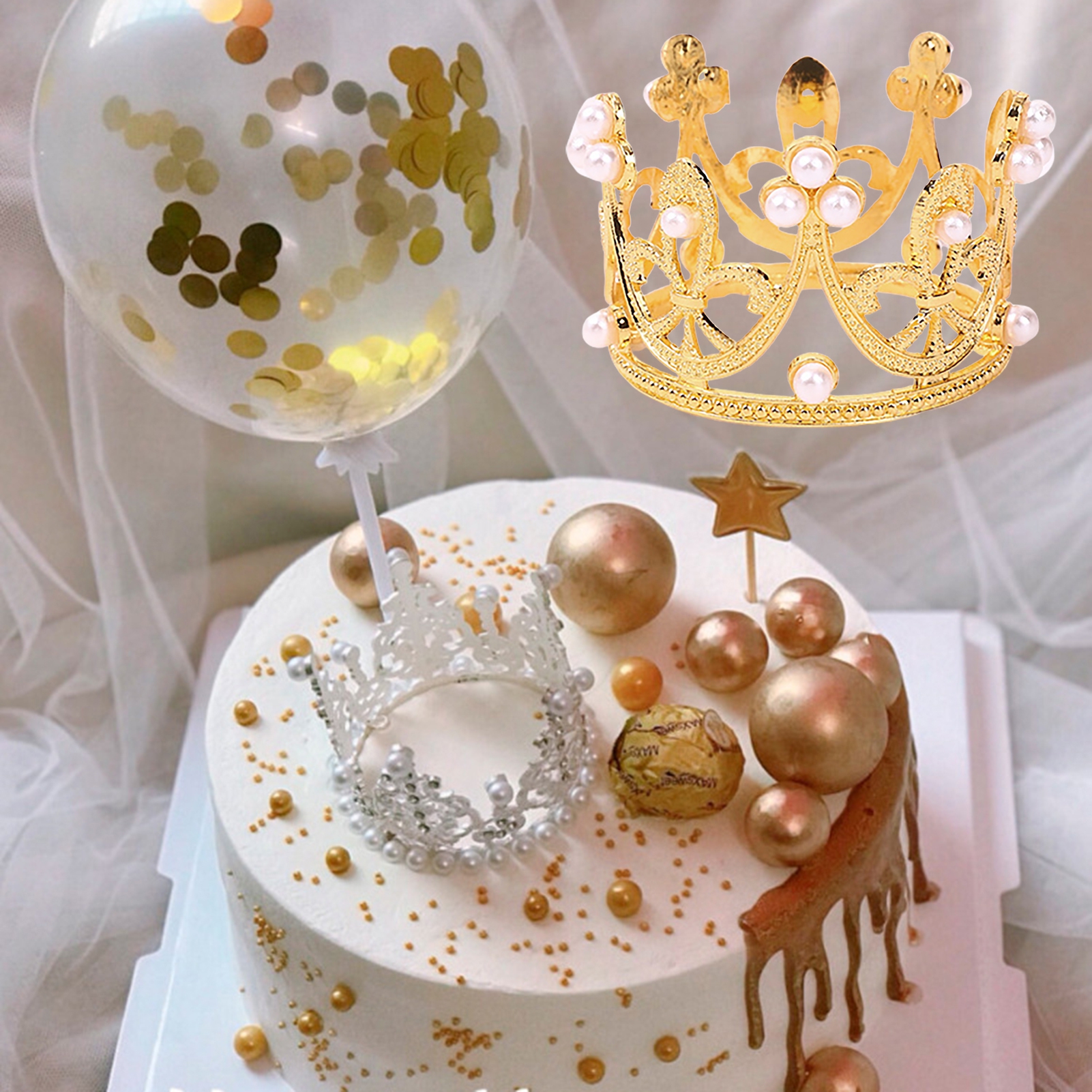 NIBOLOG Cake Topper Rhinestone Crown Pattern Reusable Alloy Baby Shower ...