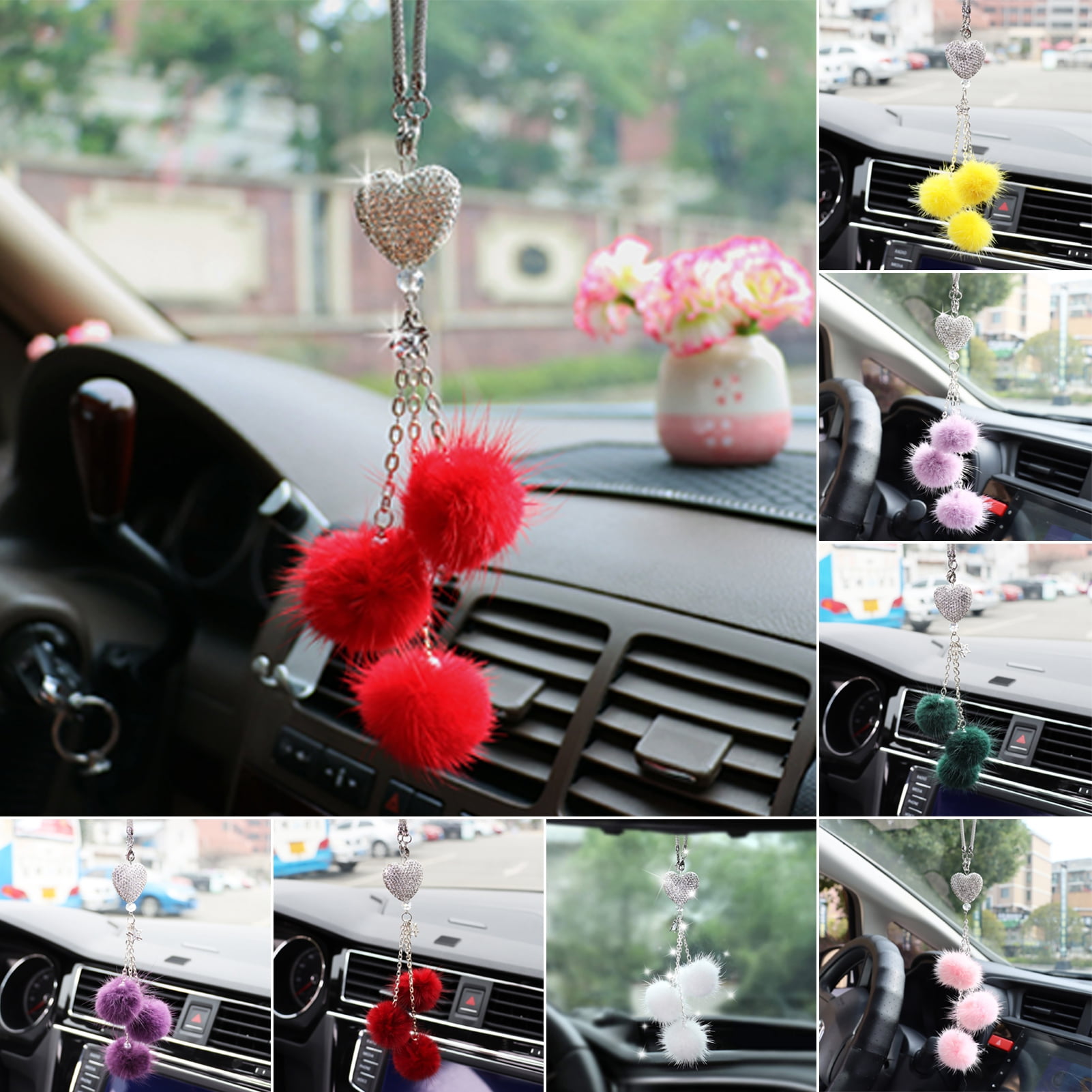 NIBOLOG Car Hanging Pendant - Sparkling Rhinestone Design, Plush Balls ...
