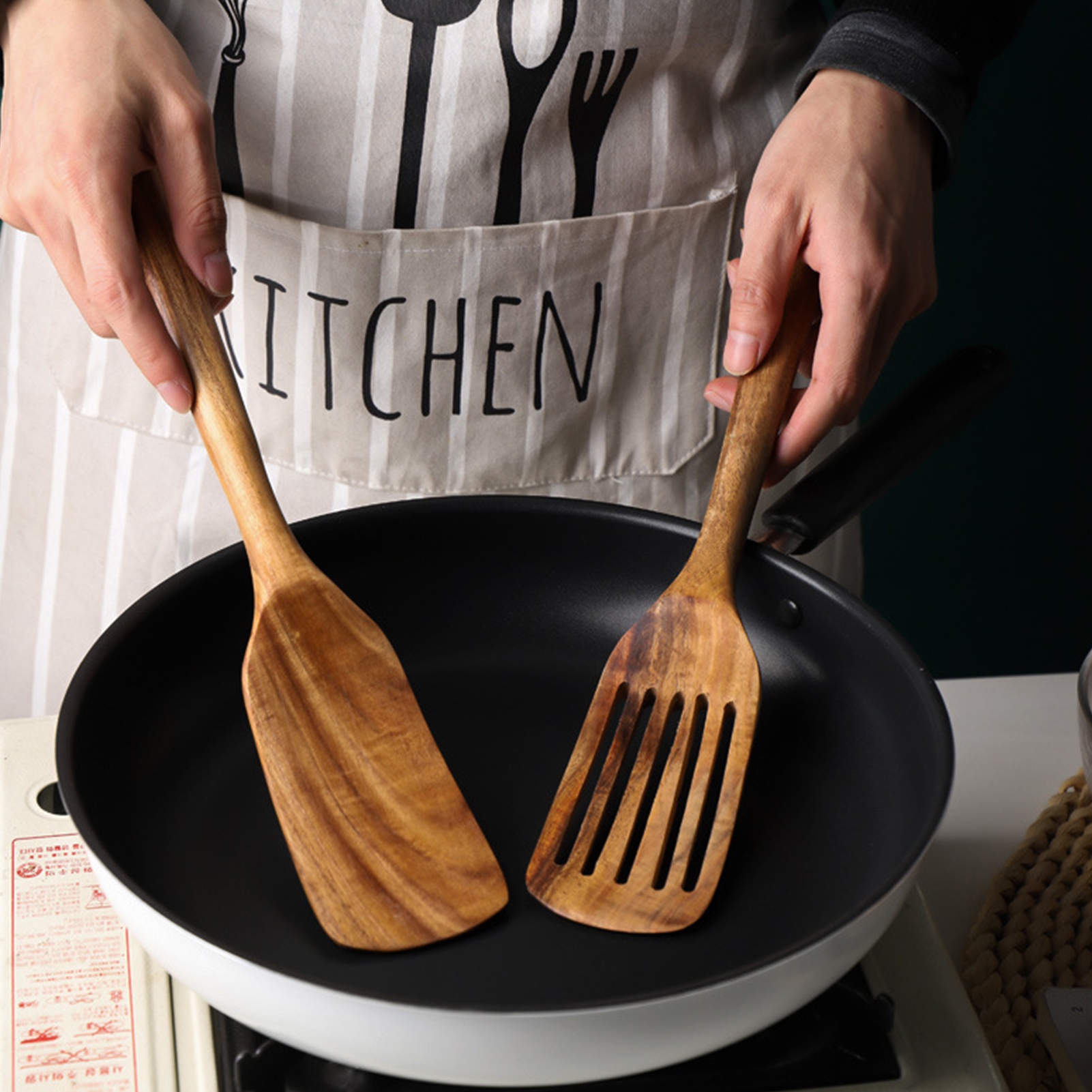 NIBOLOG Cooking Spatula Food Grade Heat Resistant Wood BPA Free Wok ...