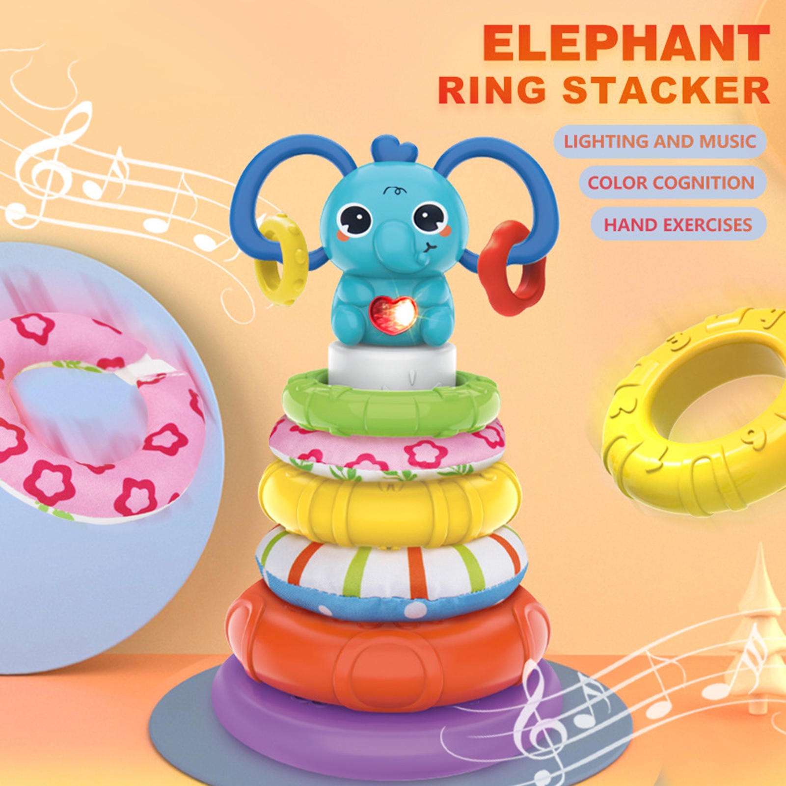 NIBOLOG Elephant Ring Stacking Toy 5 Sizes Textured Rings Stack Tower ...