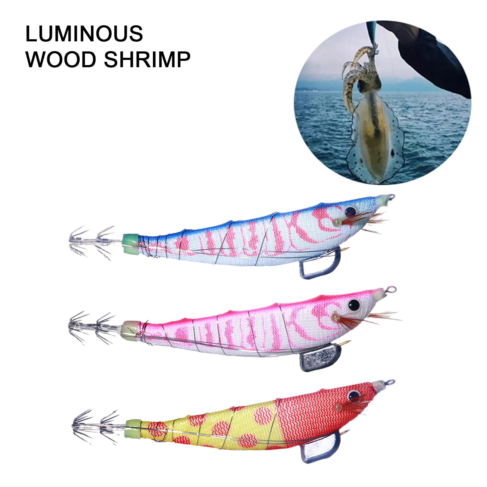NIBOLOG Fishing Lure Bait with Squid Hooks 3D Simulation Fisheye 12cm/14.3g Luminous Shrimp Bait ...