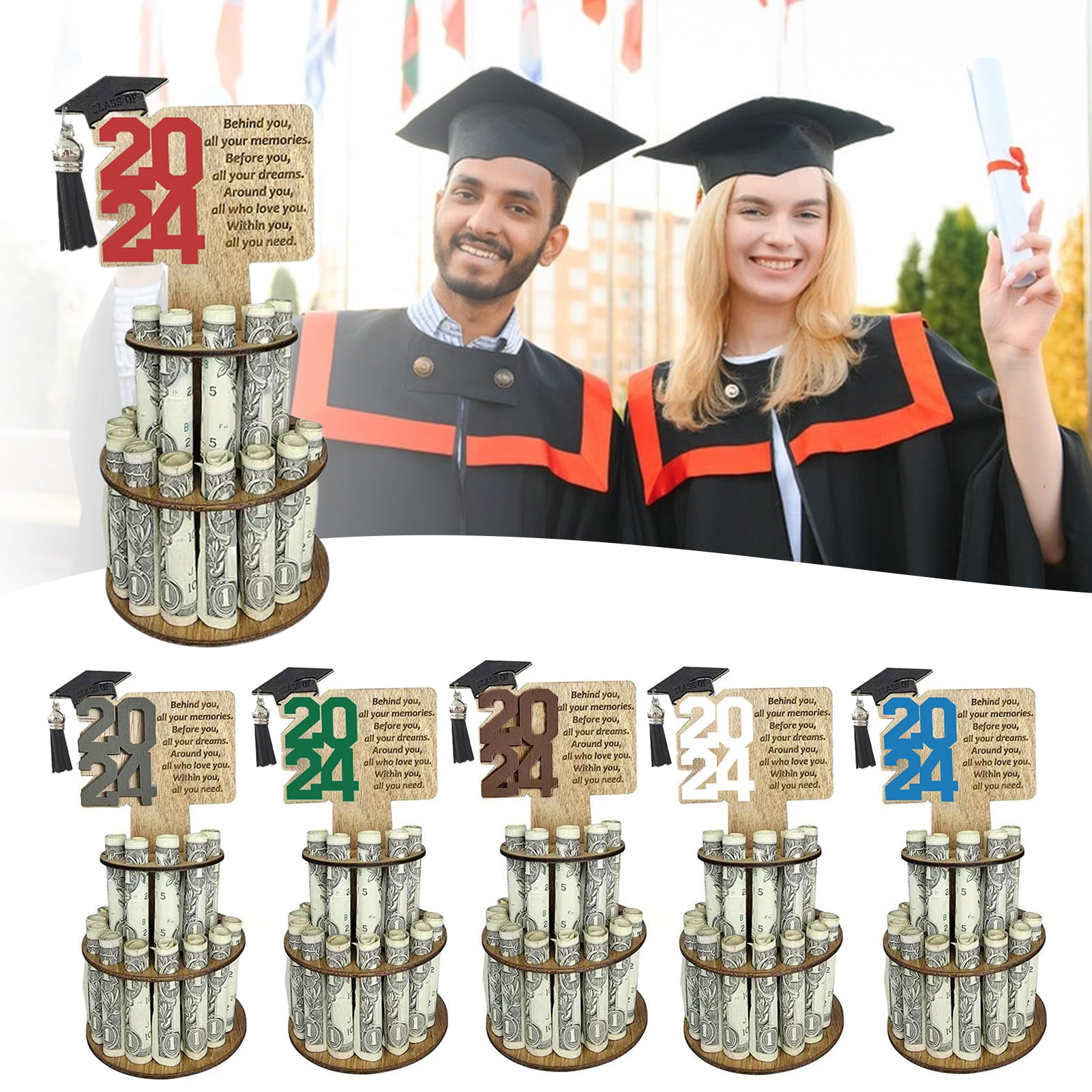 NIBOLOG Graduation Wooden Money Holder Tower - Double Layers Cash ...