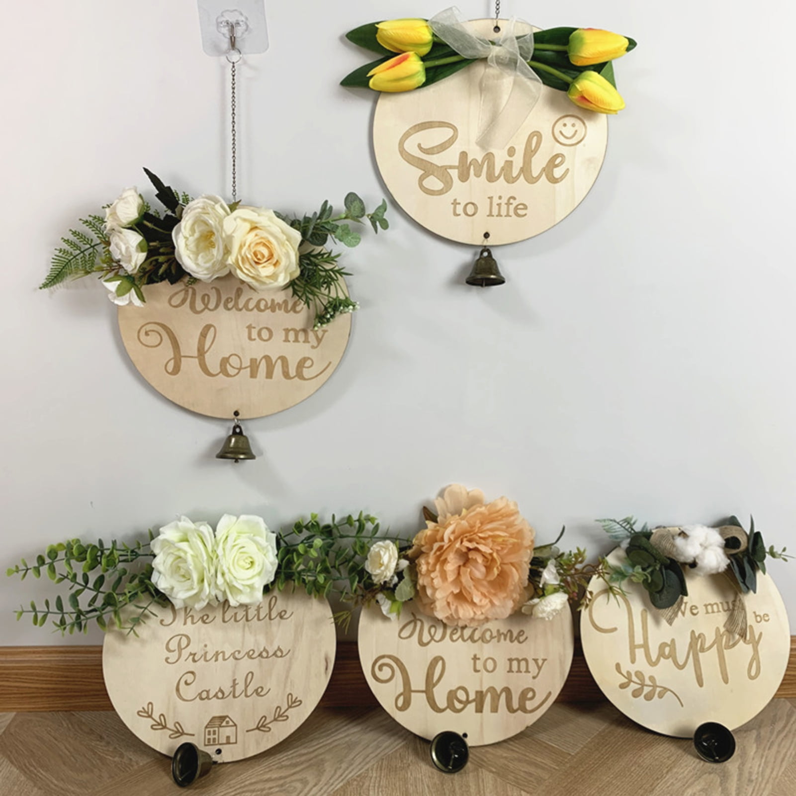 NIBOLOG Hanging Plaque Practical Decorative Wood Flower Bell Welcome ...
