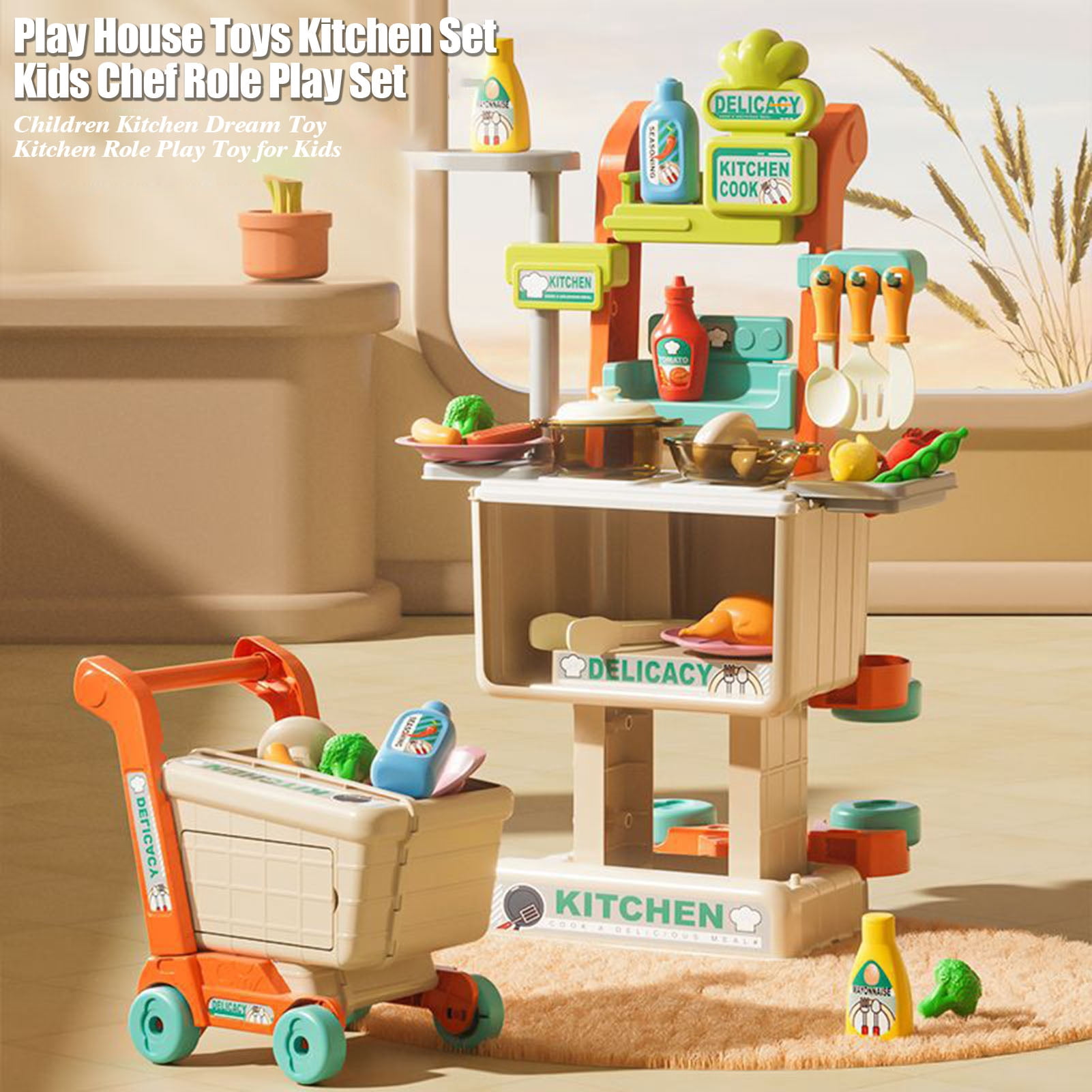 NIBOLOG Kids Play Kitchen Set - with Shopping Cart Cookware Accessories ...