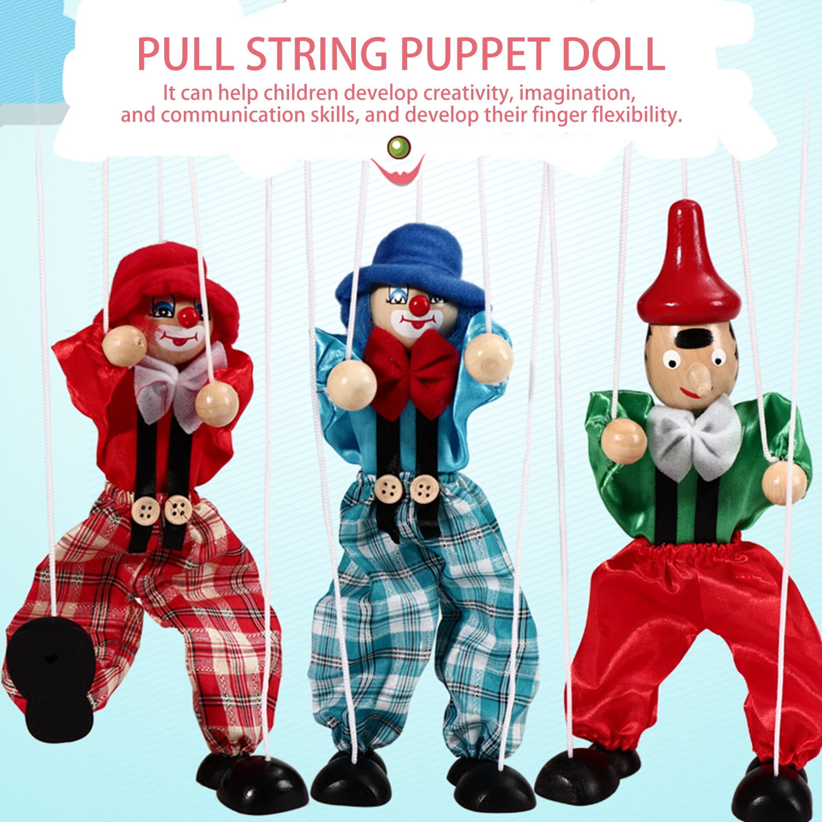 NIBOLOG Marionette Clown Puppet Toy Pull Rope Wooden Puppet Doll ...