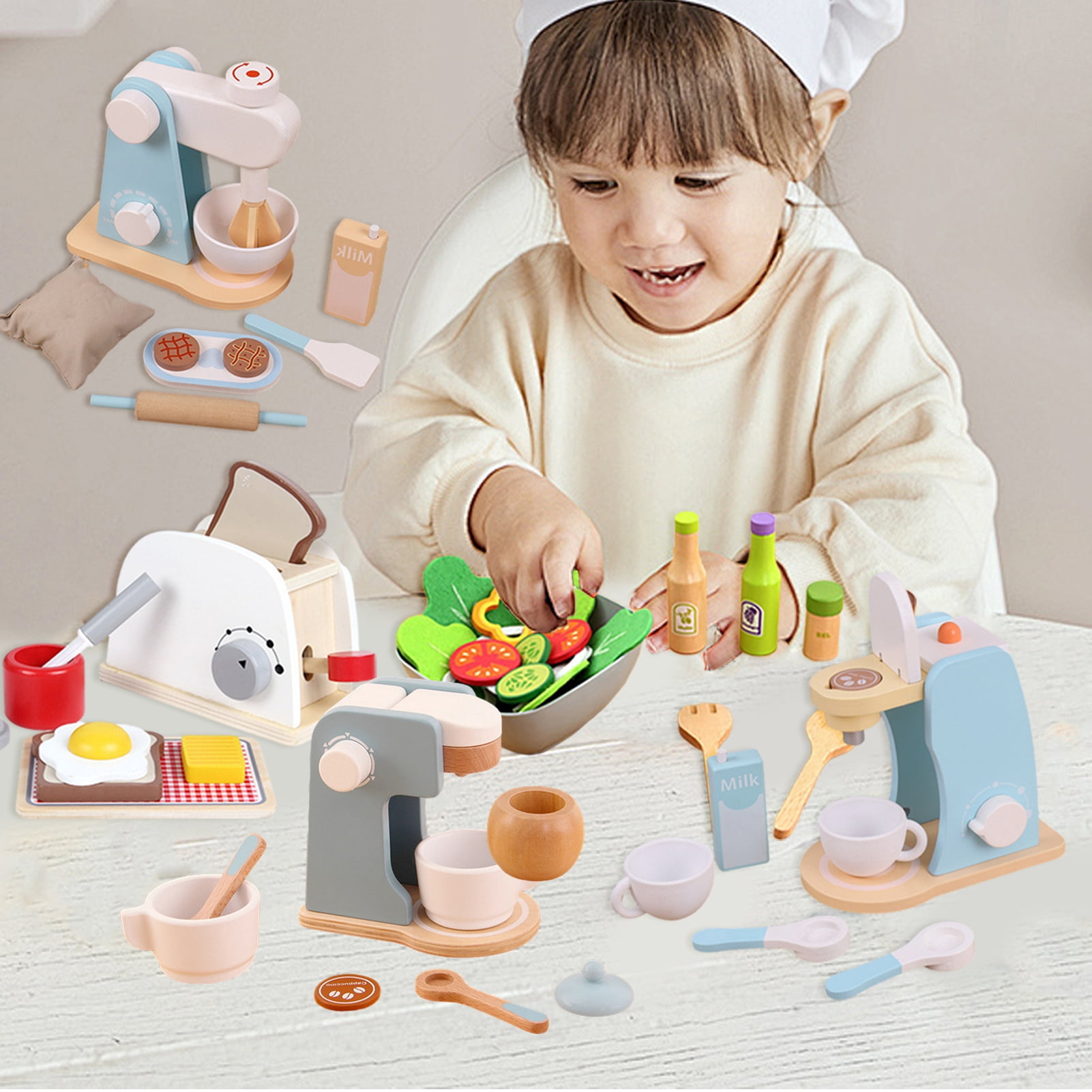NIBOLOG Mini Kitchen Playset Toy Simulated Wooden Blender Coffee Maker ...
