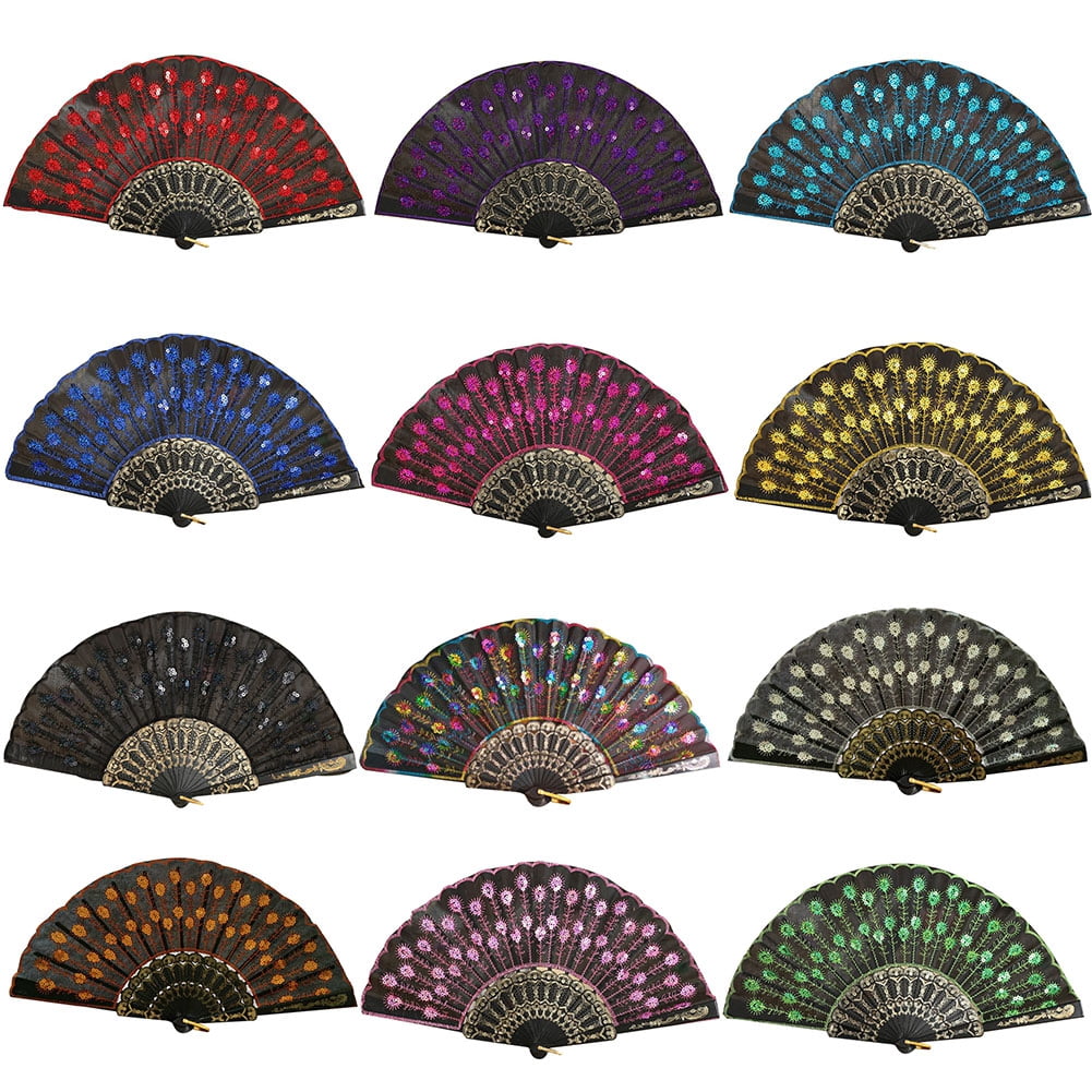 NIBOLOG Peacock Tail Sequin Pattern Handheld Folding Fan Crafts Wedding ...