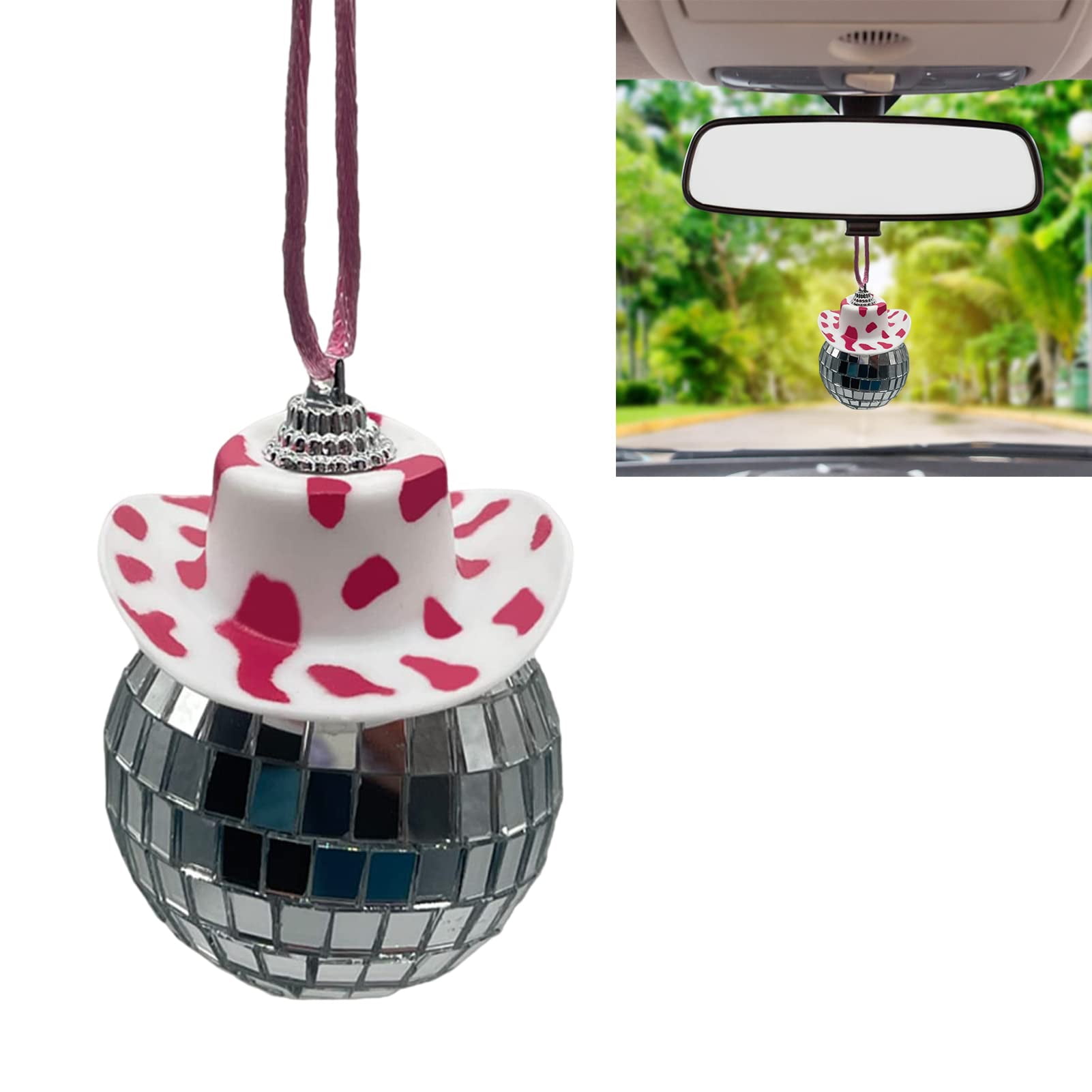NIBOLOG Pink Cow Print Disco Ball - Car Mirror Ornament, Rear View ...