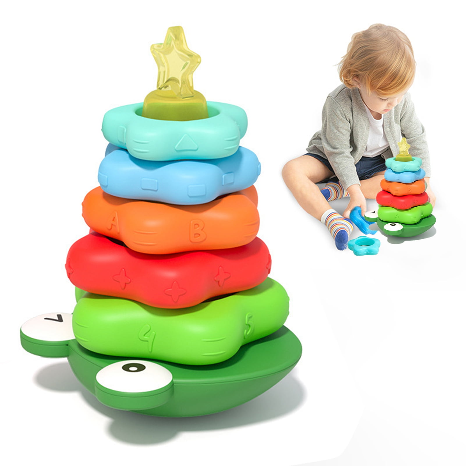 NIBOLOG Ring Stacking Frog Tumbler Toy 5 Sizes Star-shaped Rings Stack ...