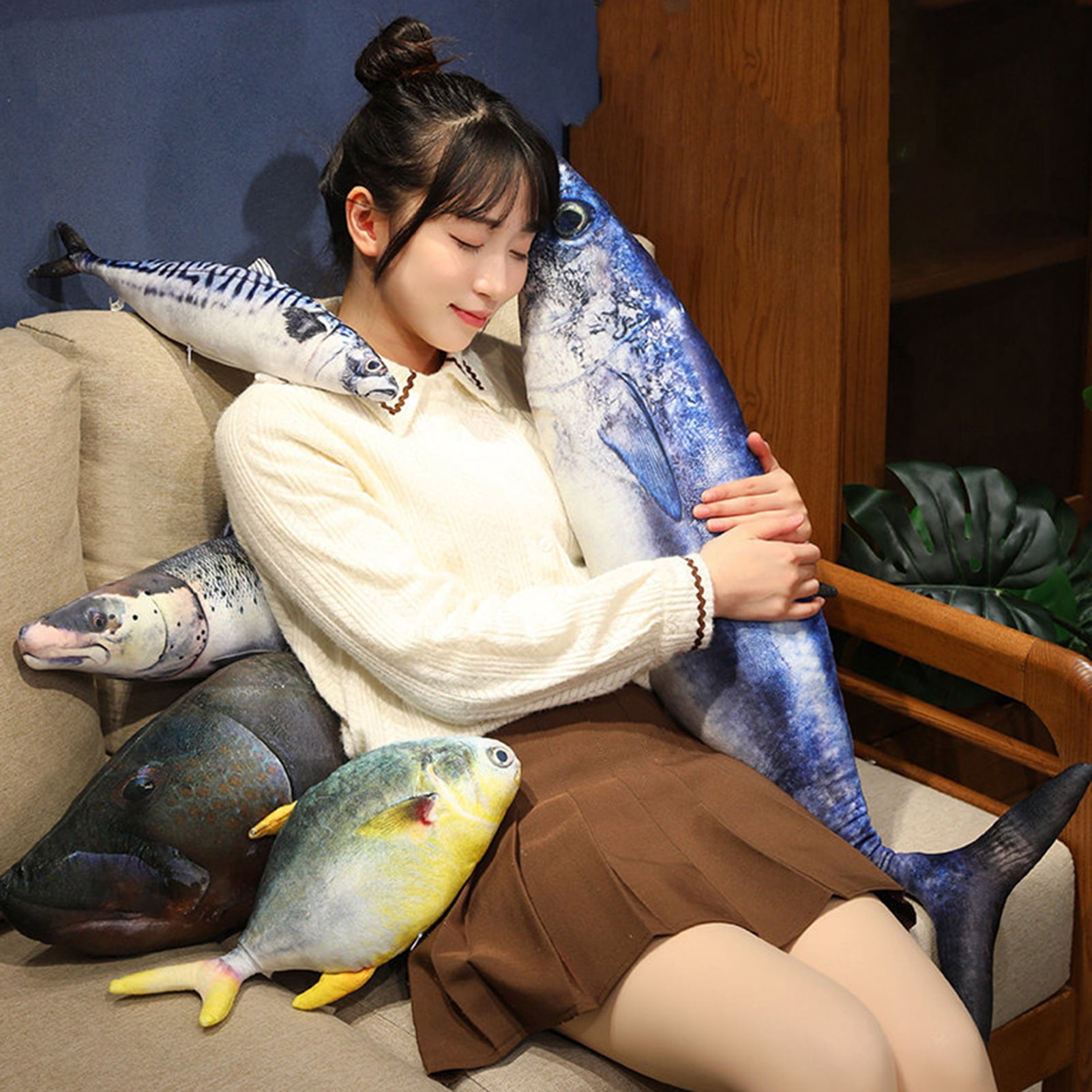 NIBOLOG Simulated Sea Fish Plush Toy Mackerel Pike Tuna Salmon Plushie ...