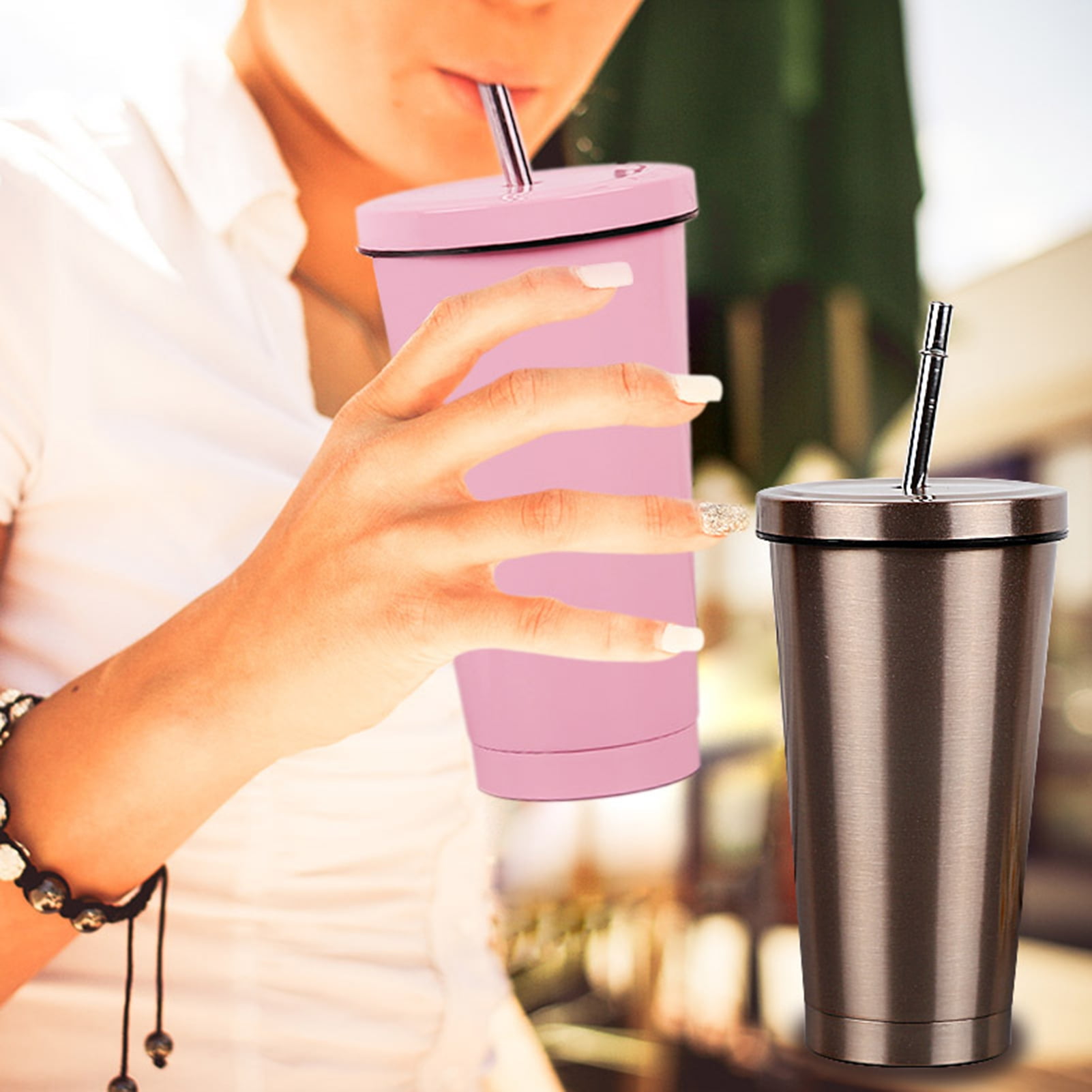 NIBOLOG Stainless Steel Mug Anti-corrosion Spill-proof with Lid Straw ...