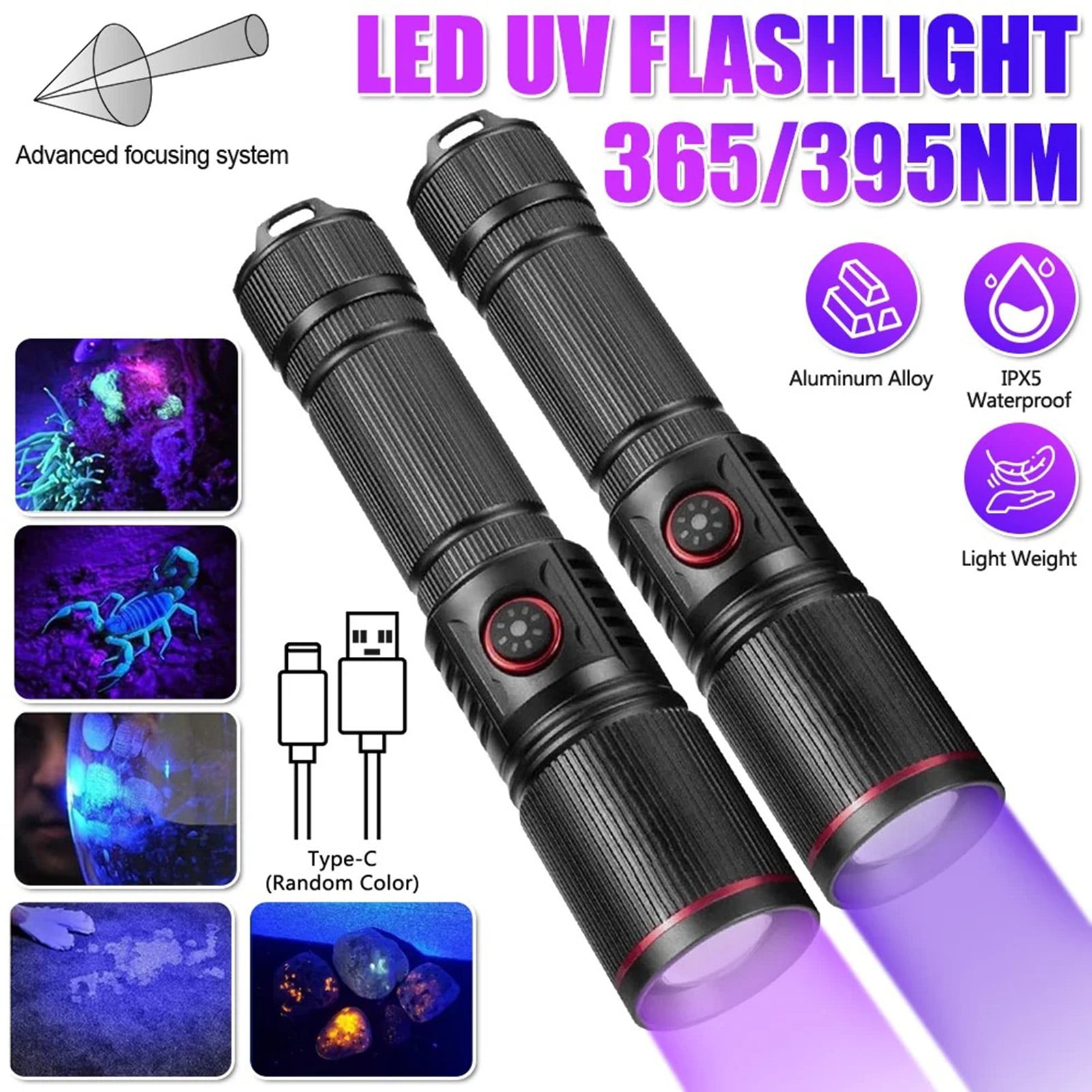 NIBOLOG UV Flashlight 395nm Black Light USB Rechargeable Zoom Function ...