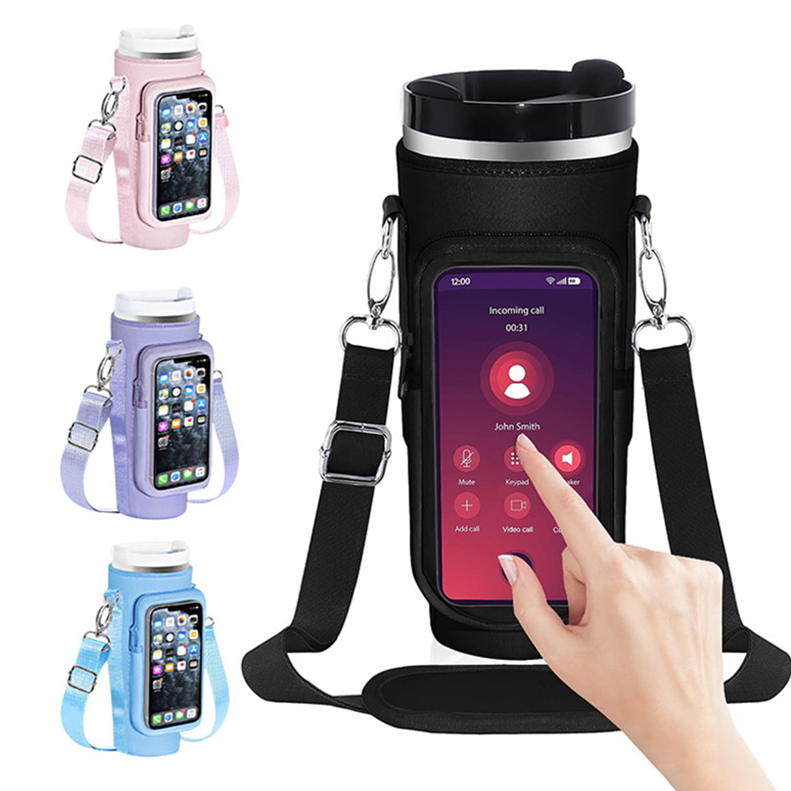 NIBOLOG Water Bottle Carrier Holder Pouch with Phone Pocket Adjustable ...
