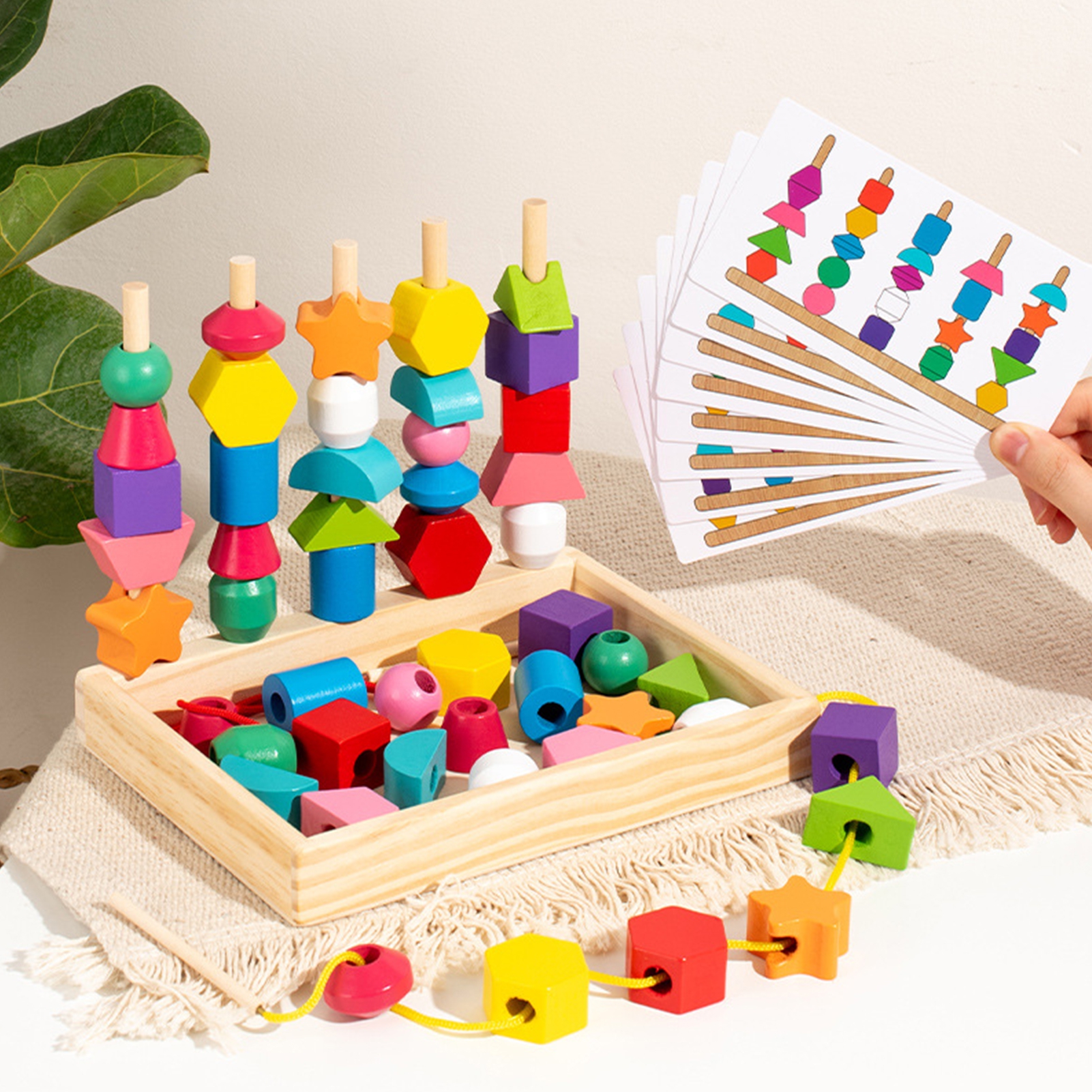 NIBOLOG Wooden Beads Sequencing Toy - Stacking Lacing Blocks Game Color ...