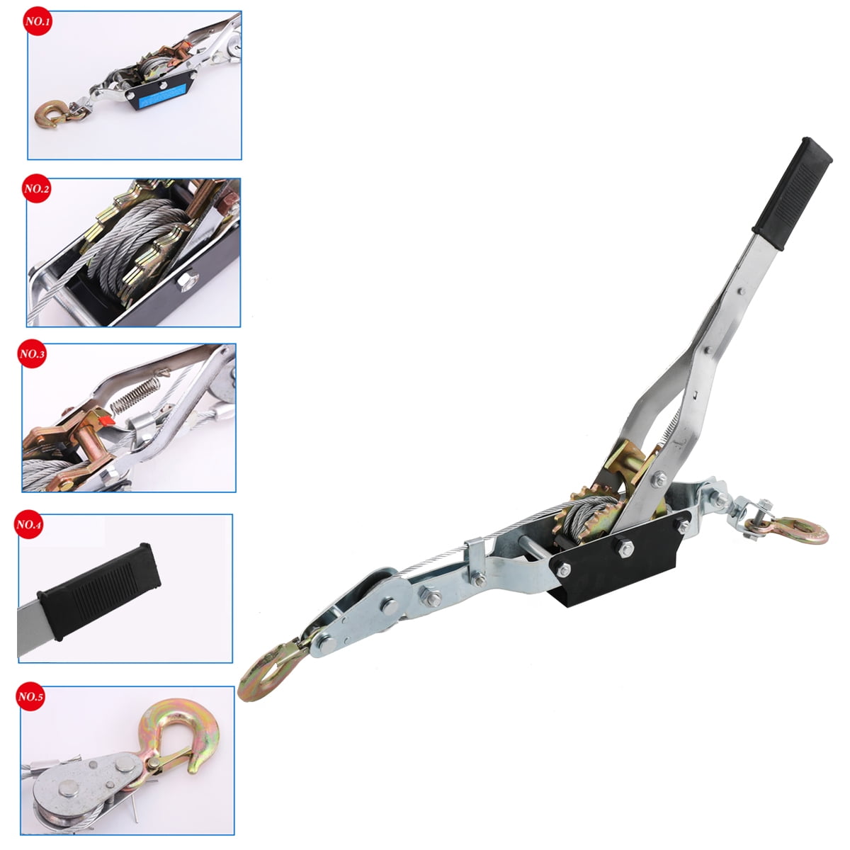 NICCOO 4 Ton Heavy Duty 2 Hook Steel Cable Dual Gear Power Ratchet Come ...
