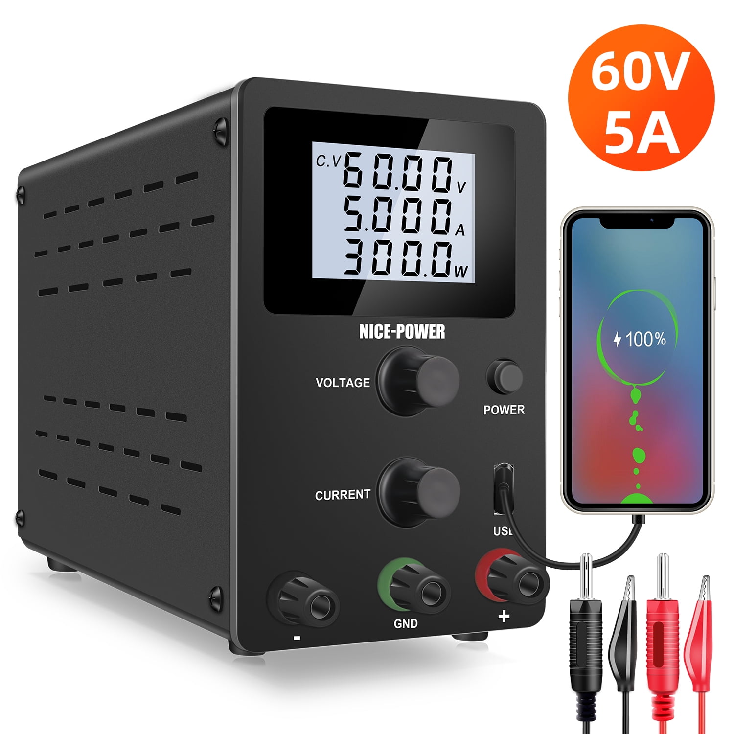 NICE-POWER DC Power Supply Variable 60V 5A Switching Regulated with Power Display High Precision ...