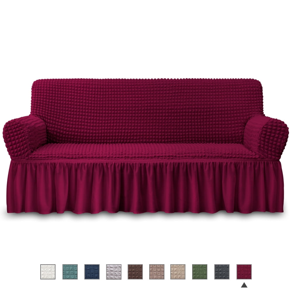 NICEEC High Stretch Durable Sofa Cover with Skirt, 3 Seater Wine Red ...
