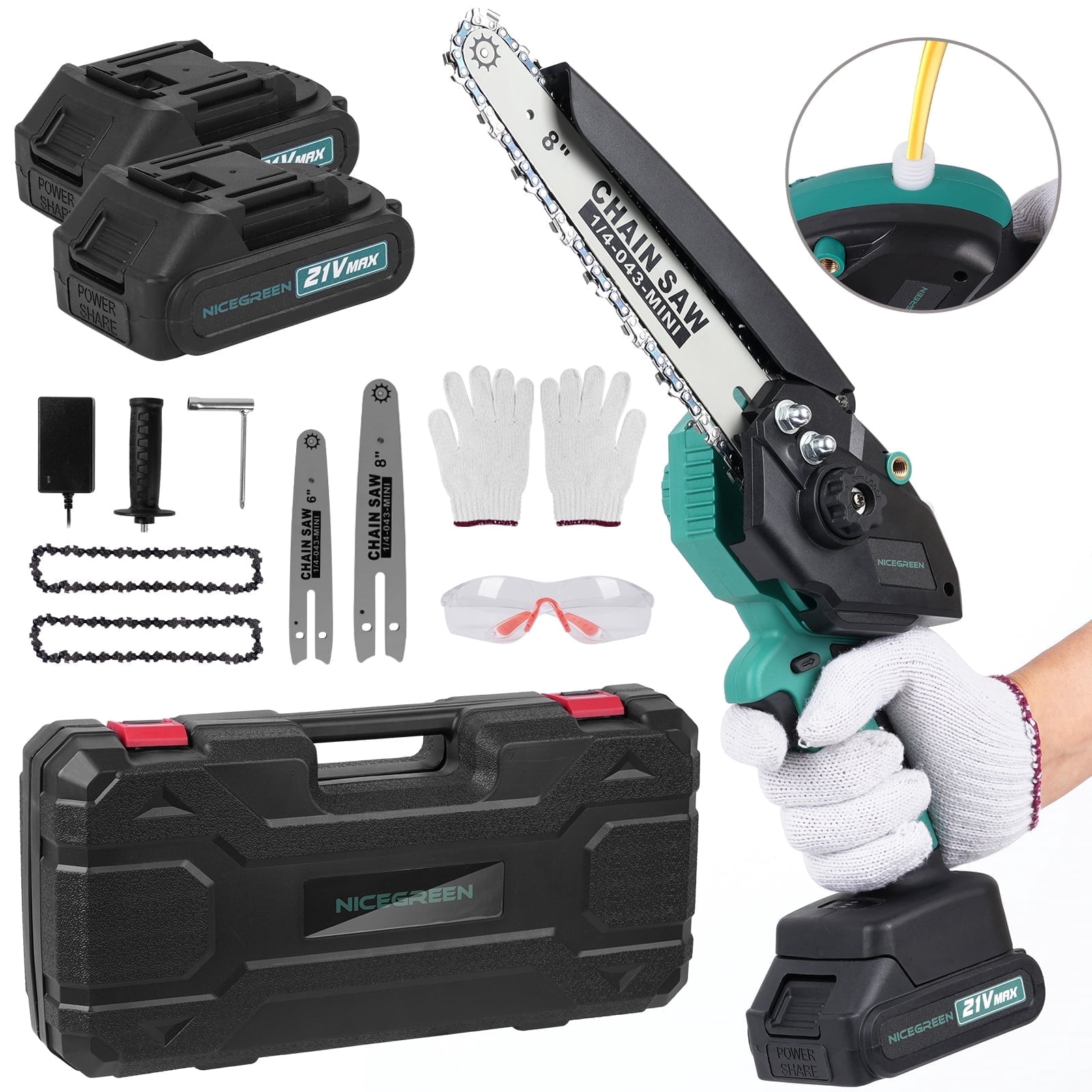 "NICEGREEN 8"" Electric Hand Saw, Mini Chainsaw - 21V, Safety Lock, 2 ...