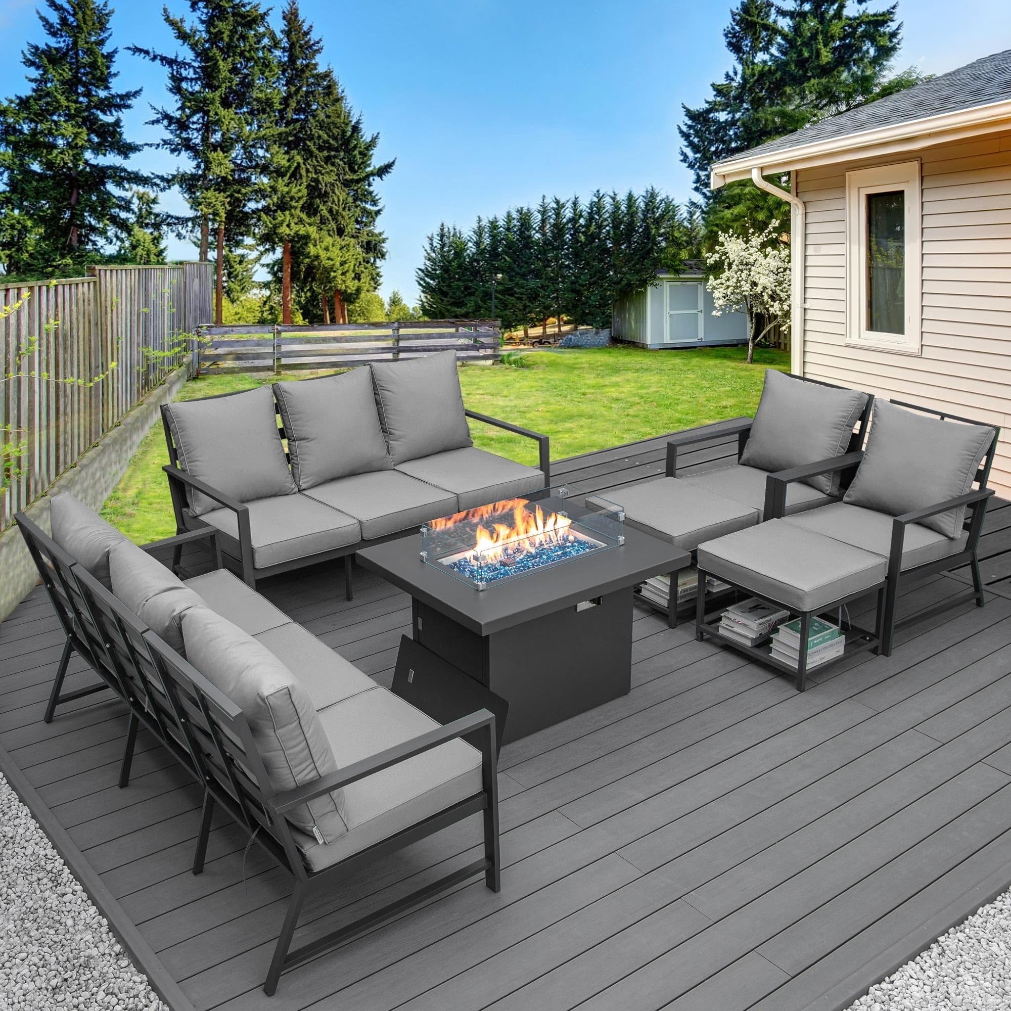 NICESOUL 11 Pcs Aluminum Outdoor Patio Furniture Set with Gas Fire Pit ...