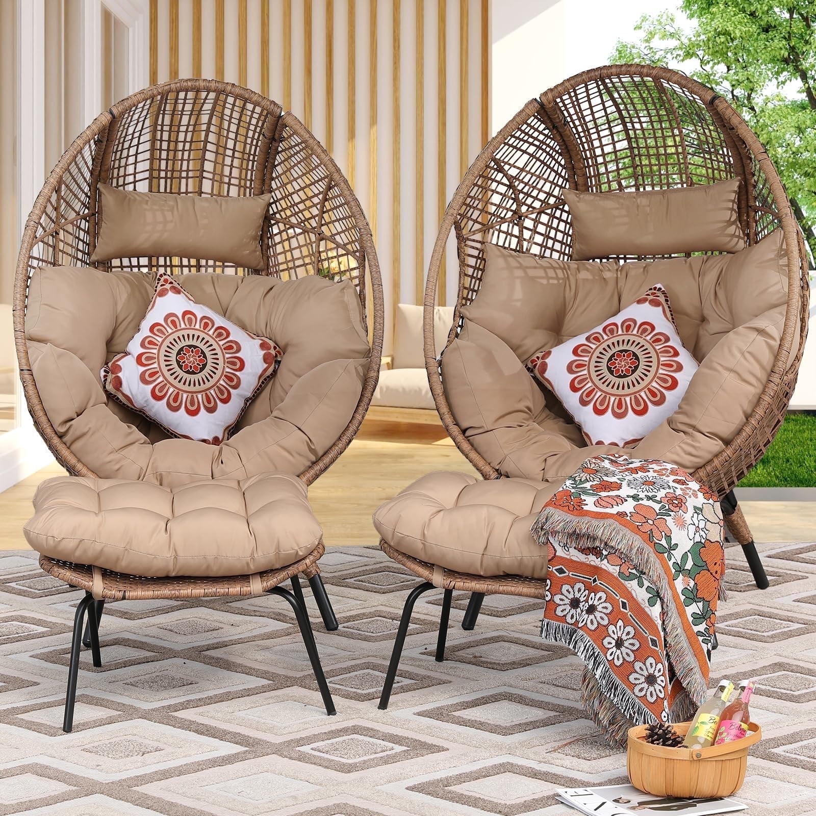 NICESOUL Oversized Rattan Woven Egg Chair with Ottoman, Indoor/Outdoor ...