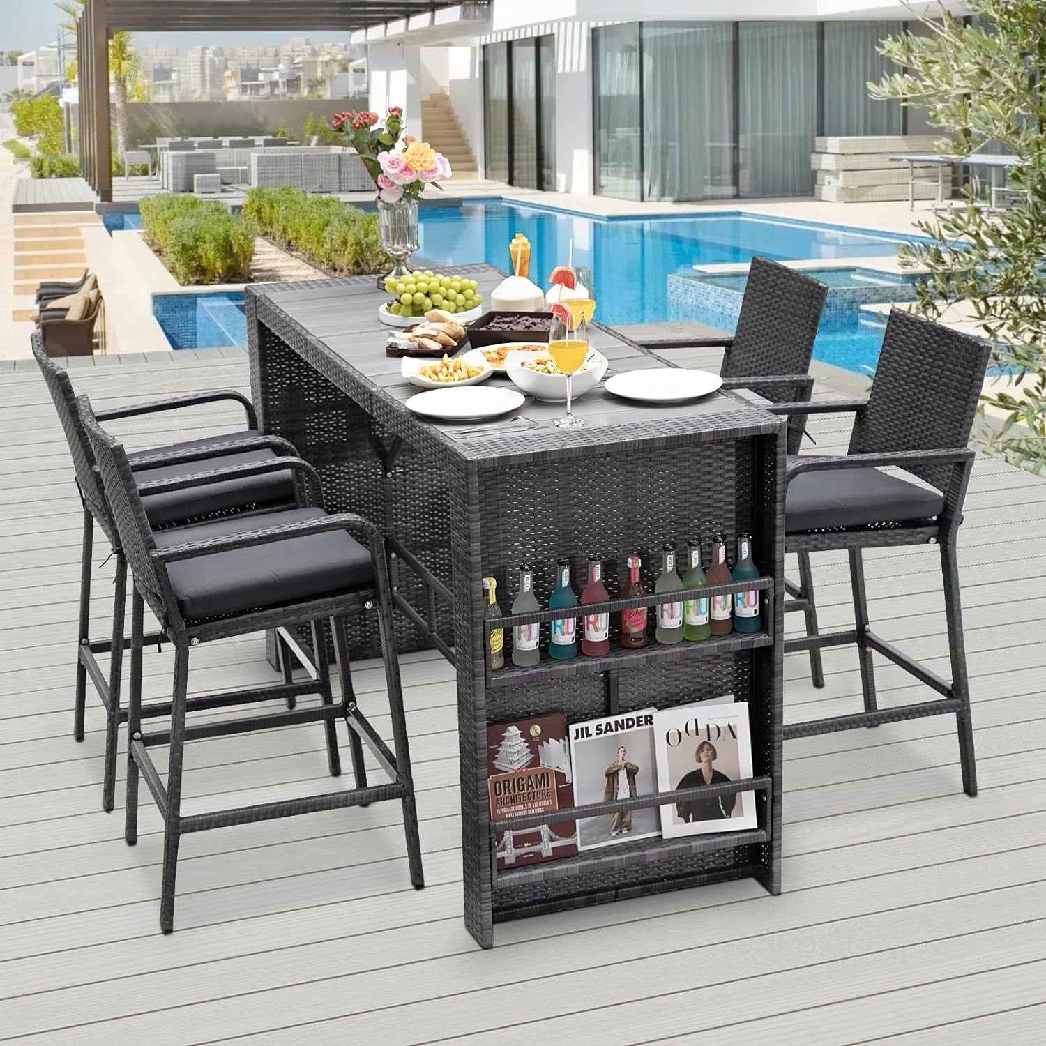 RADIATA 5 Piece High Top Outdoor Bar Table and Chairs Set with Cushions ...