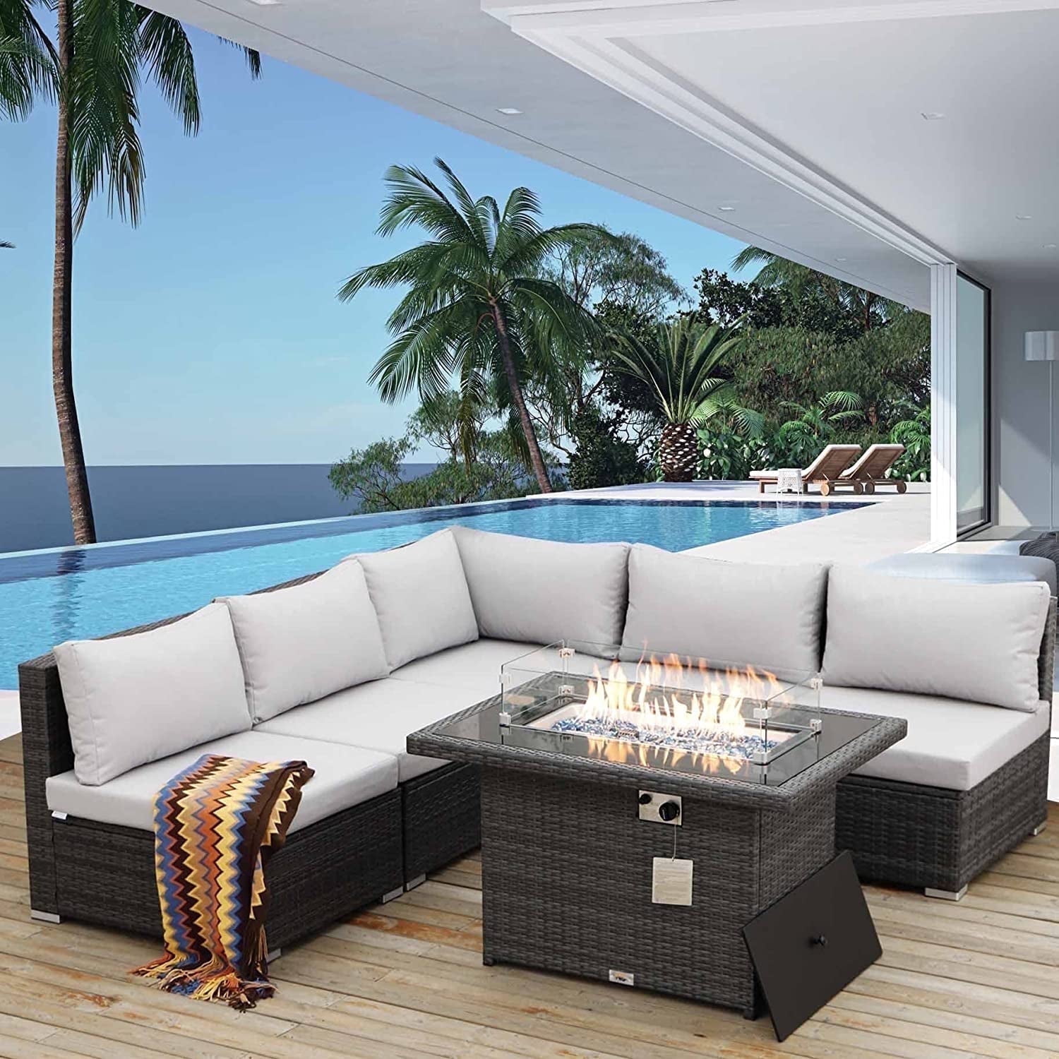 RADIATA 6 Pcs Outdoor Furniture with Fire Pit Table Wicker Set Light ...