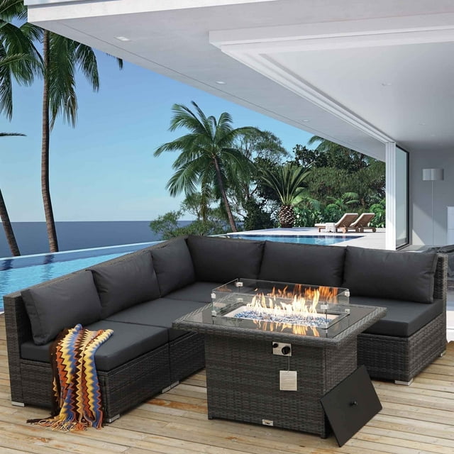 RADIATA 6 Pcs Outdoor Furniture with Fire Pit Table Wicker Sofa Dark ...
