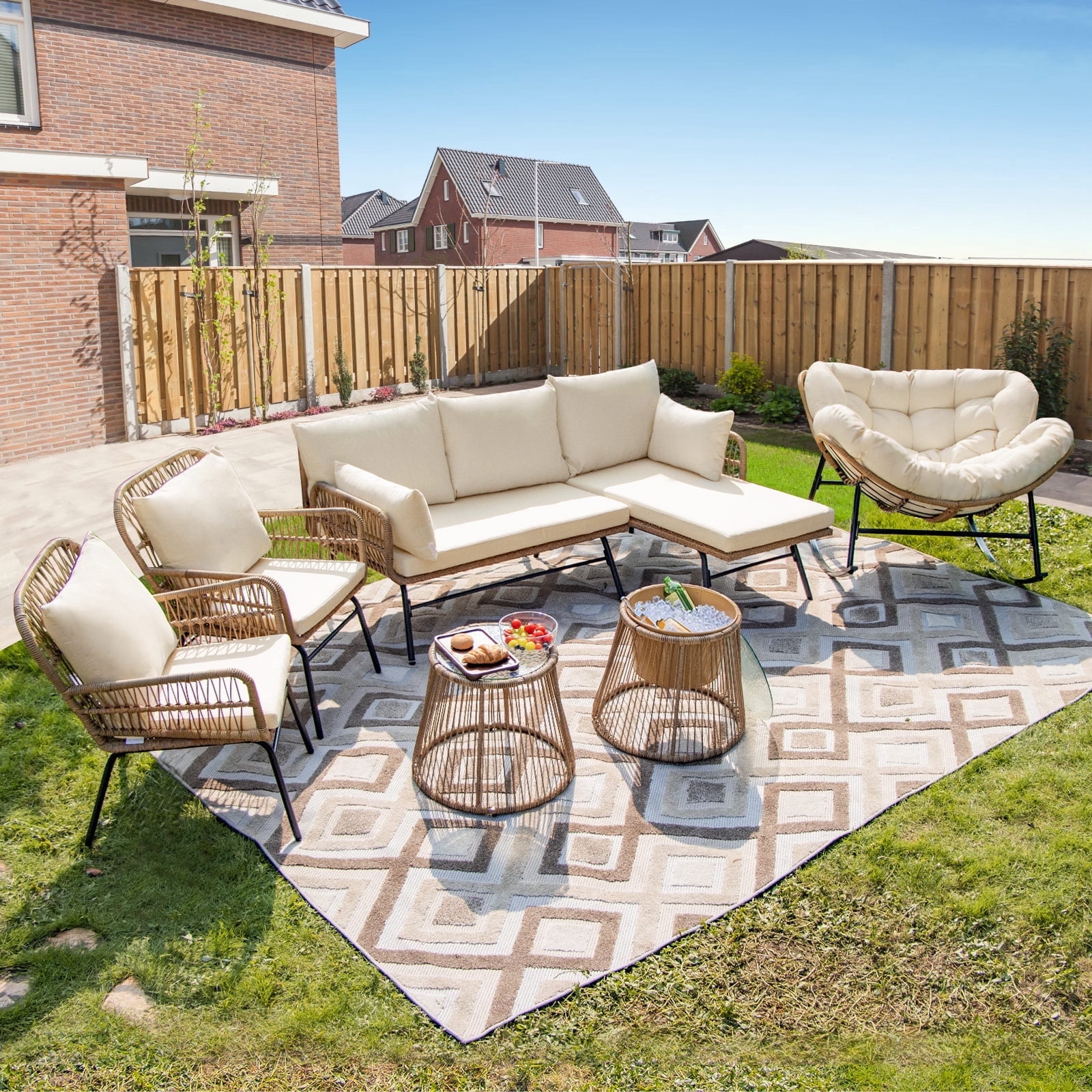 RADIATA 7 PCS Beige Boho Outdoor Patio Furniture Sets with Rocking ...