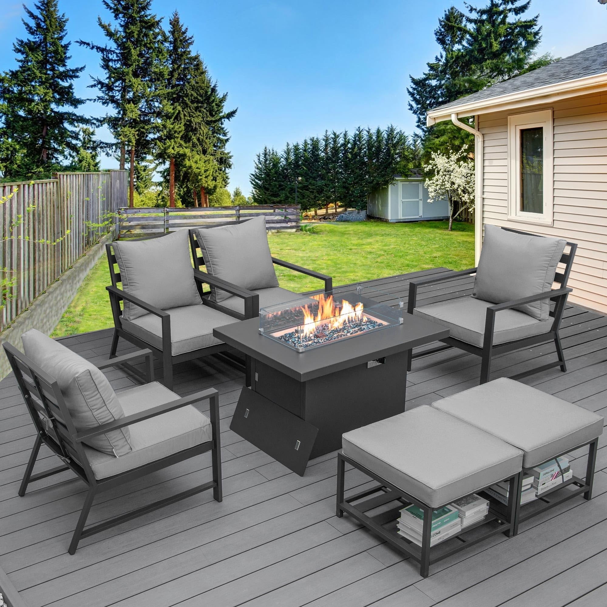 NICESOUL 7 Pcs Aluminum Outdoor Patio Furniture with Fire Pit Table ...