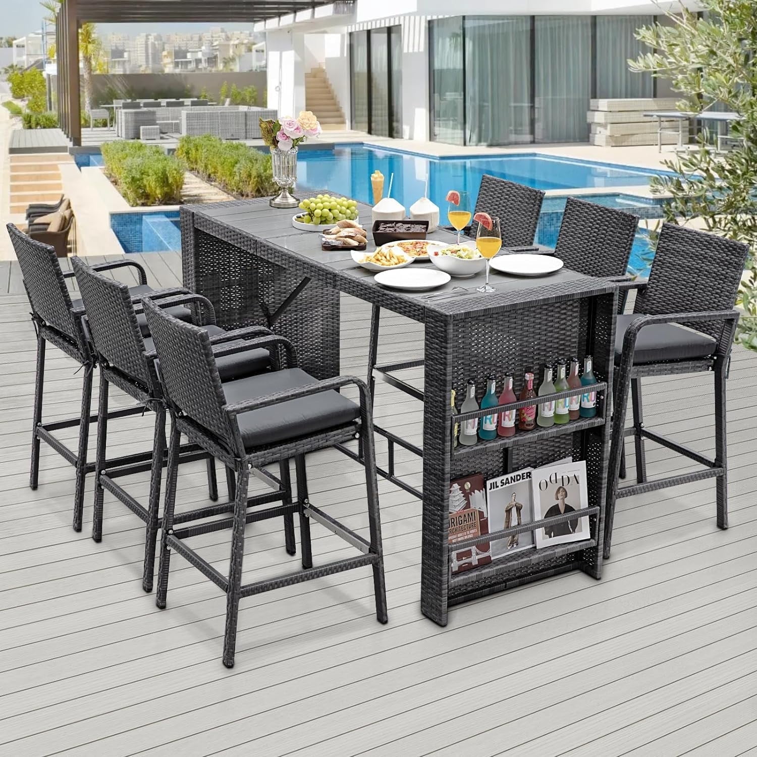 NICESOUL 7-Piece Outdoor Bar Set, Grey Wicker Patio Furniture with ...