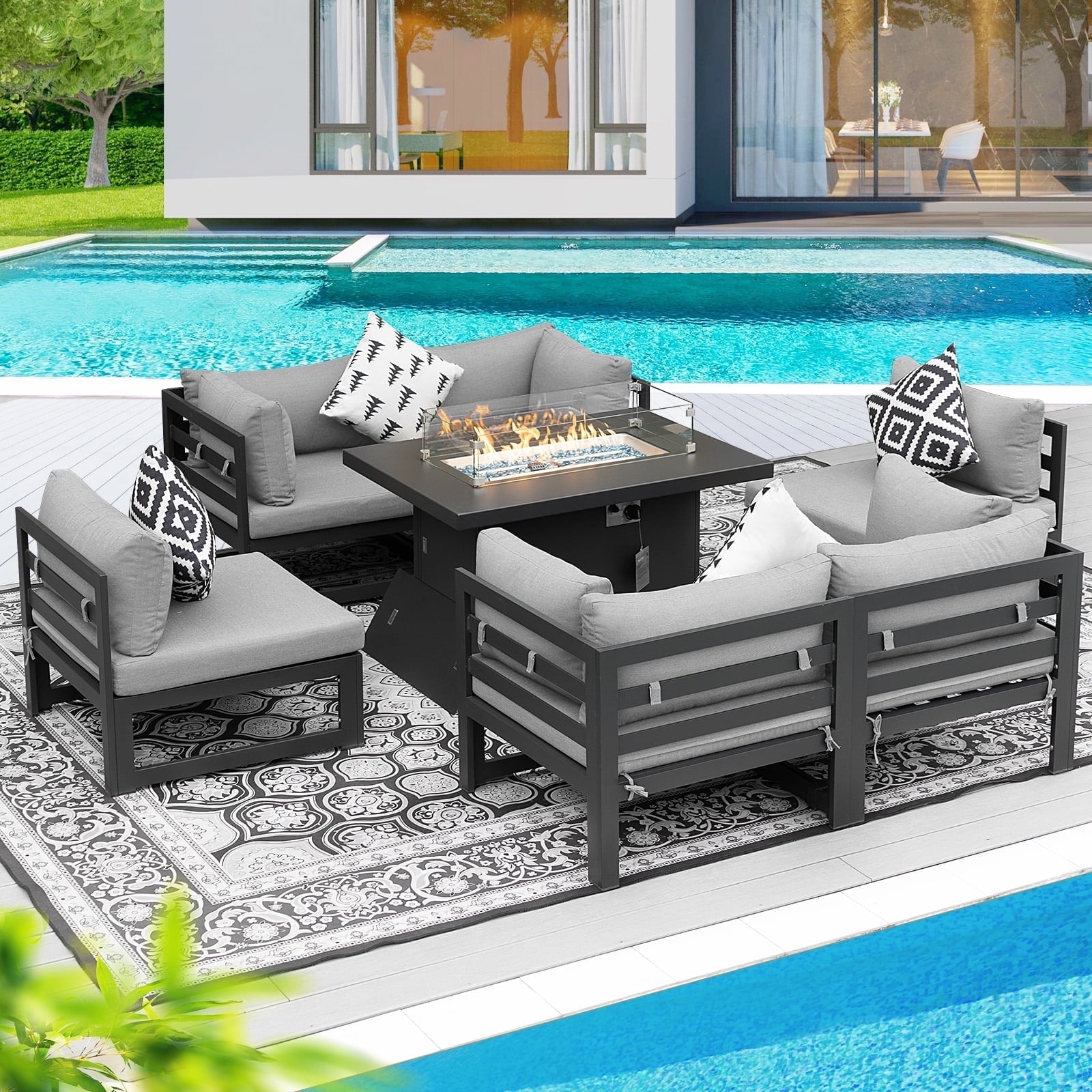 NICESOUL 7-Pc Outdoor Set with Aluminum Sofa, Fire Pit Table, Chairs ...