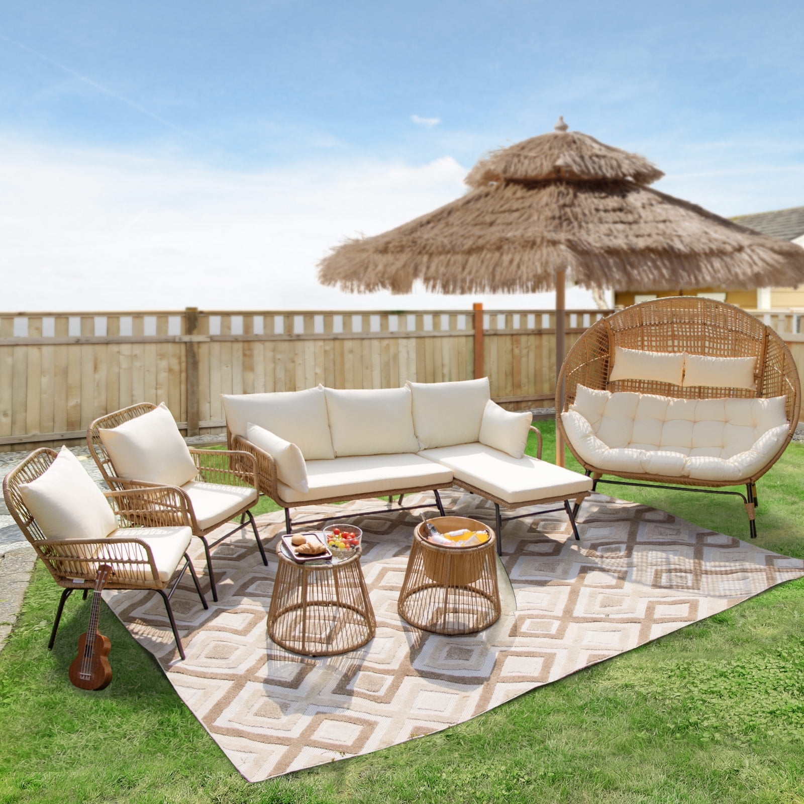 RADIATA 7 Pieces Beige Boho Outdoor Patio Furniture Sets with Double ...