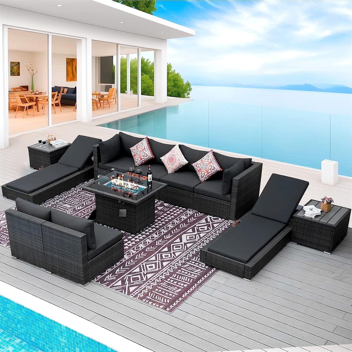 NICESOUL¬Æ 8-Person Fire Pit Patio Set - Outdoor Rattan Sectional Sofa ...